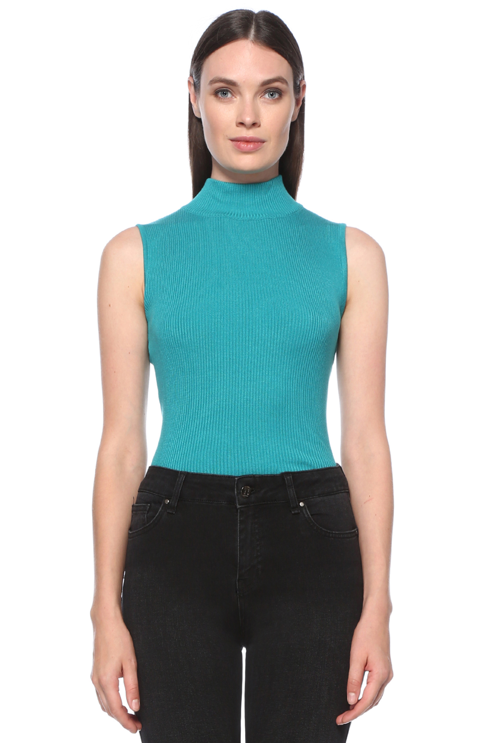 Slim Fit Turkuaz Yarım Balıkçı Yaka Kolsuz Kazak Slim Fit Turkuaz Yarım Balıkçı Yaka Kolsuz Kazak