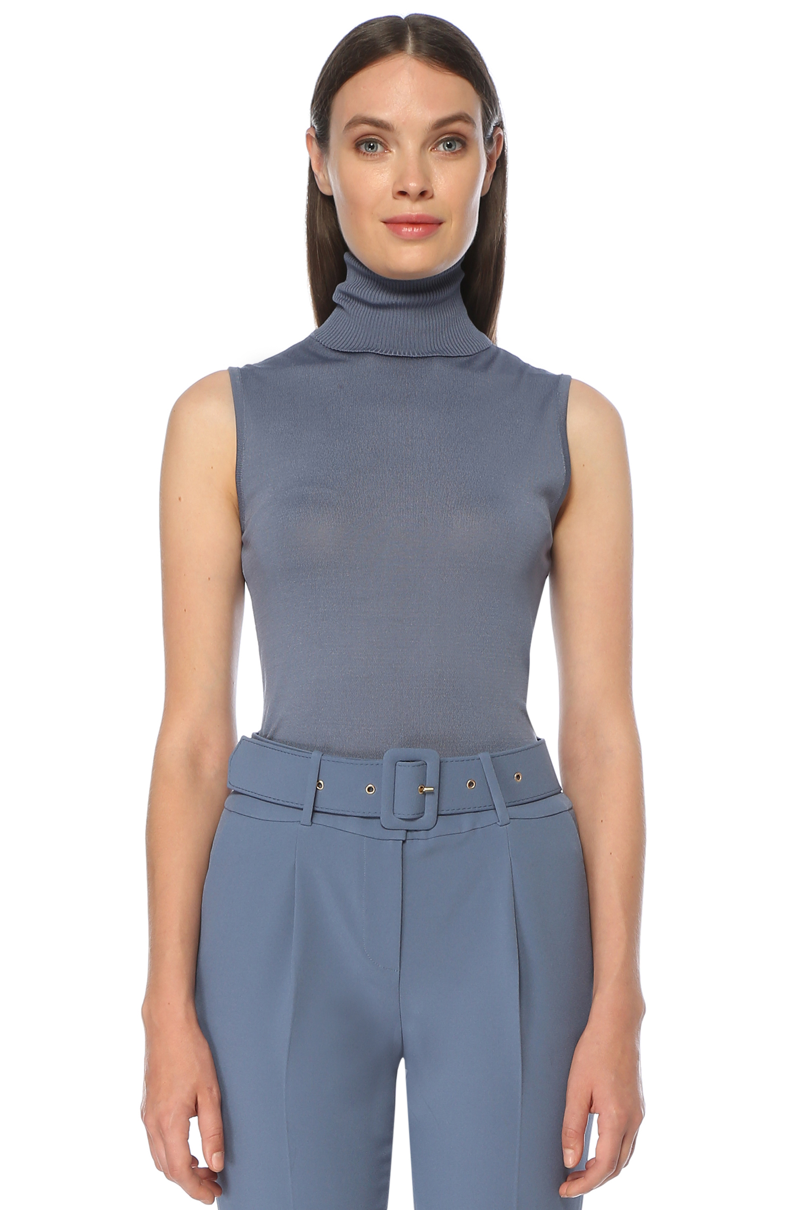 Slim Fit Mavi Simli Balıkçı Yaka Kolsuz Kazak Slim Fit Mavi Simli Balıkçı Yaka Kolsuz Kazak