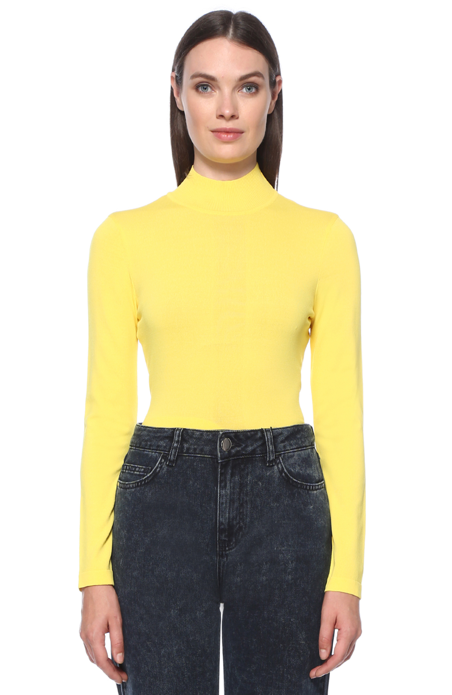 Slim Fit Sarı Yarım Balıkçı Yaka Kazak