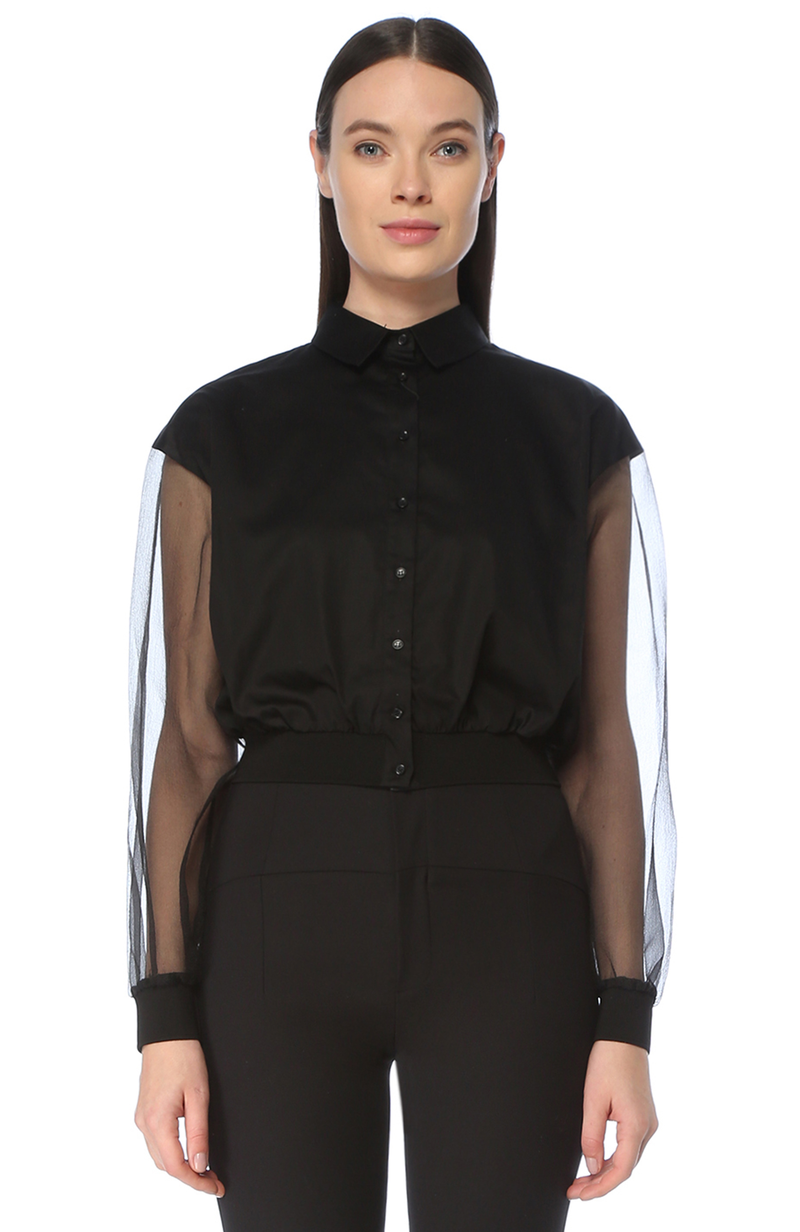 Slim Fit Siyah Kolu Tül Garnili Gömlek Slim Fit Siyah Kolu Tül Garnili Gömlek
