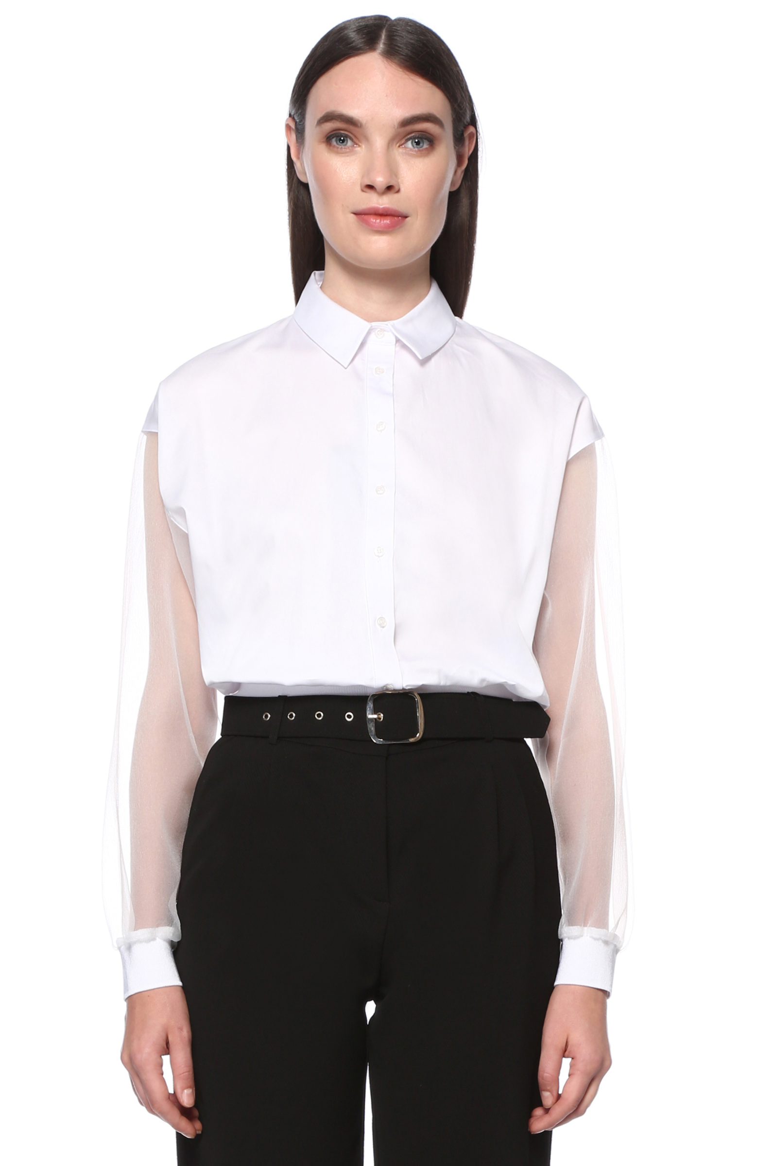 Beyaz Kolu Tül Garnili Gömlek Beyaz Kolu Tül Garnili Gömlek