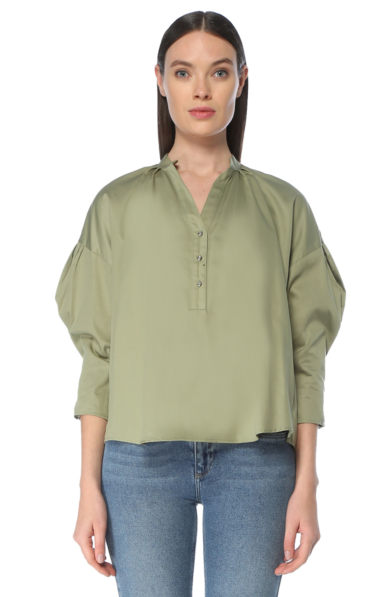 Slim Fit Yeşil Kol Detaylı Gömlek