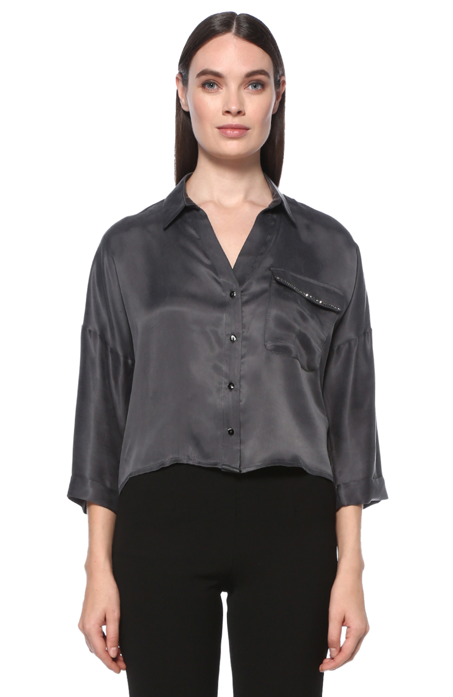 Antrasit İşlemeli Cep Detaylı Gömlek