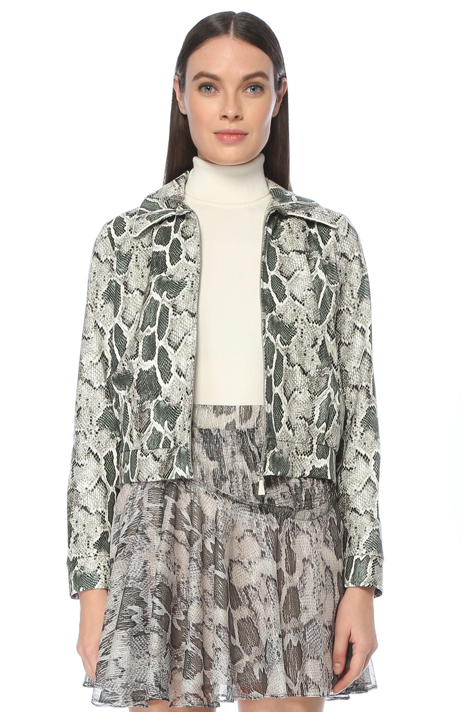 Slim Fit Yeşil Yılan Desenli Mont