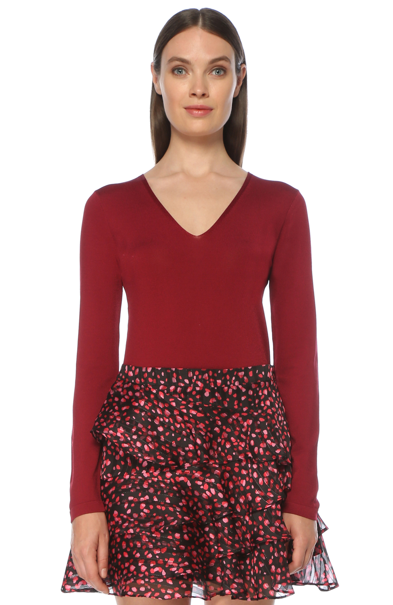 Slim Fit Kırmızı V Yaka Kazak