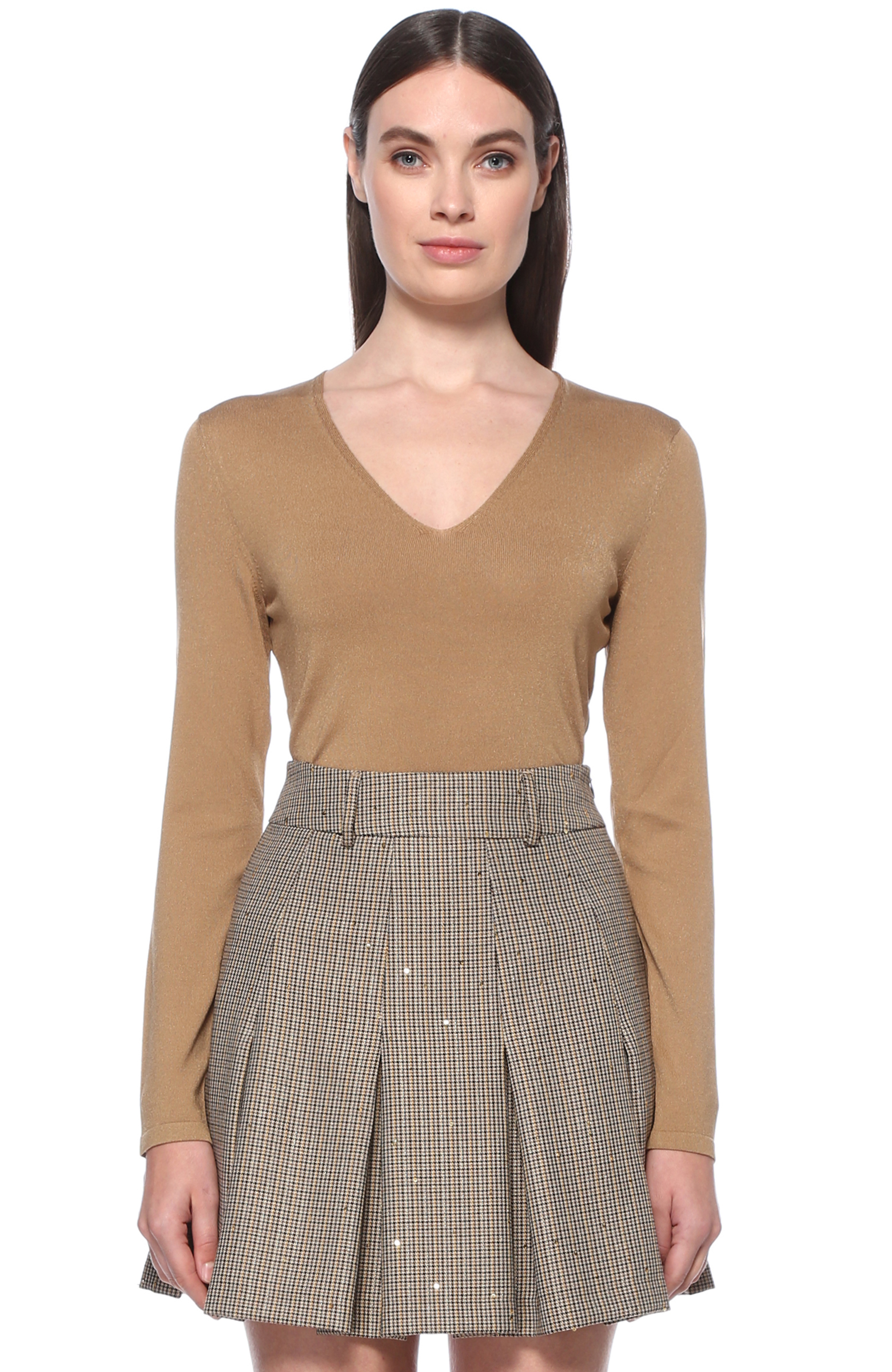 Slim Fit Camel V Yaka Kazak Slim Fit Camel V Yaka Kazak