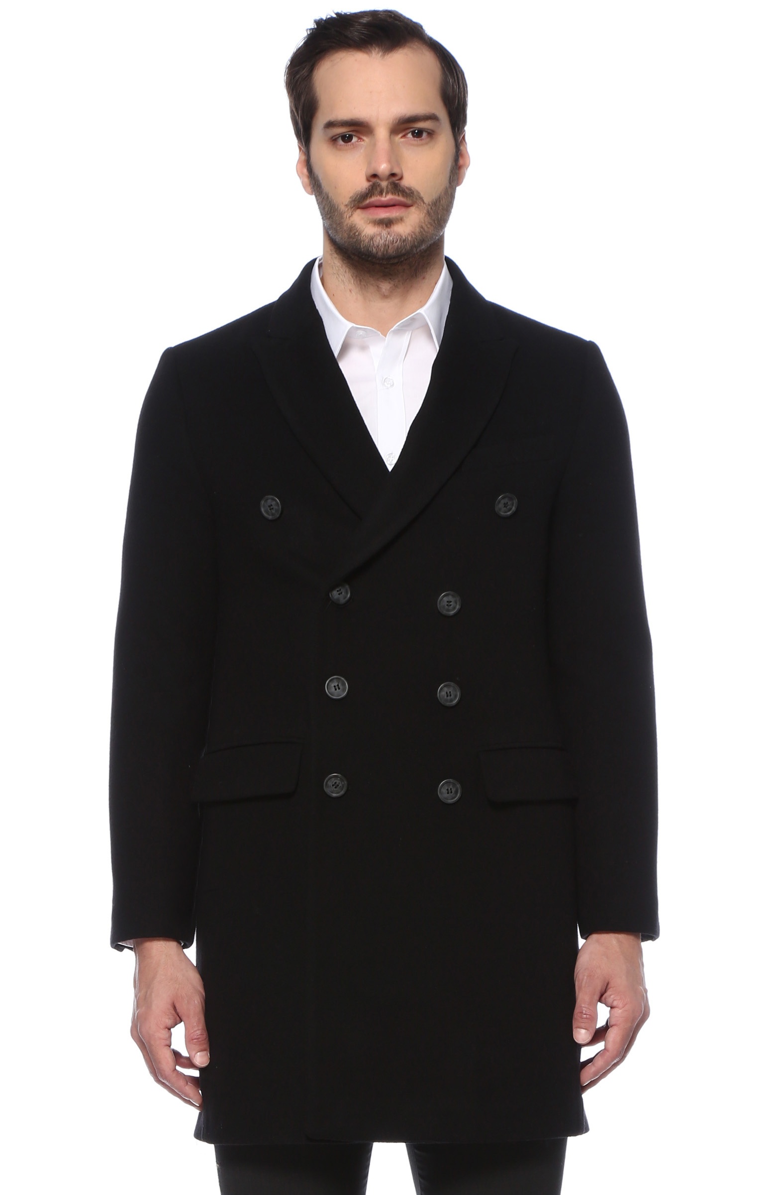 Slim Fit Siyah Kelebek Yaka Yün Palto Slim Fit Siyah Kelebek Yaka Yün Palto