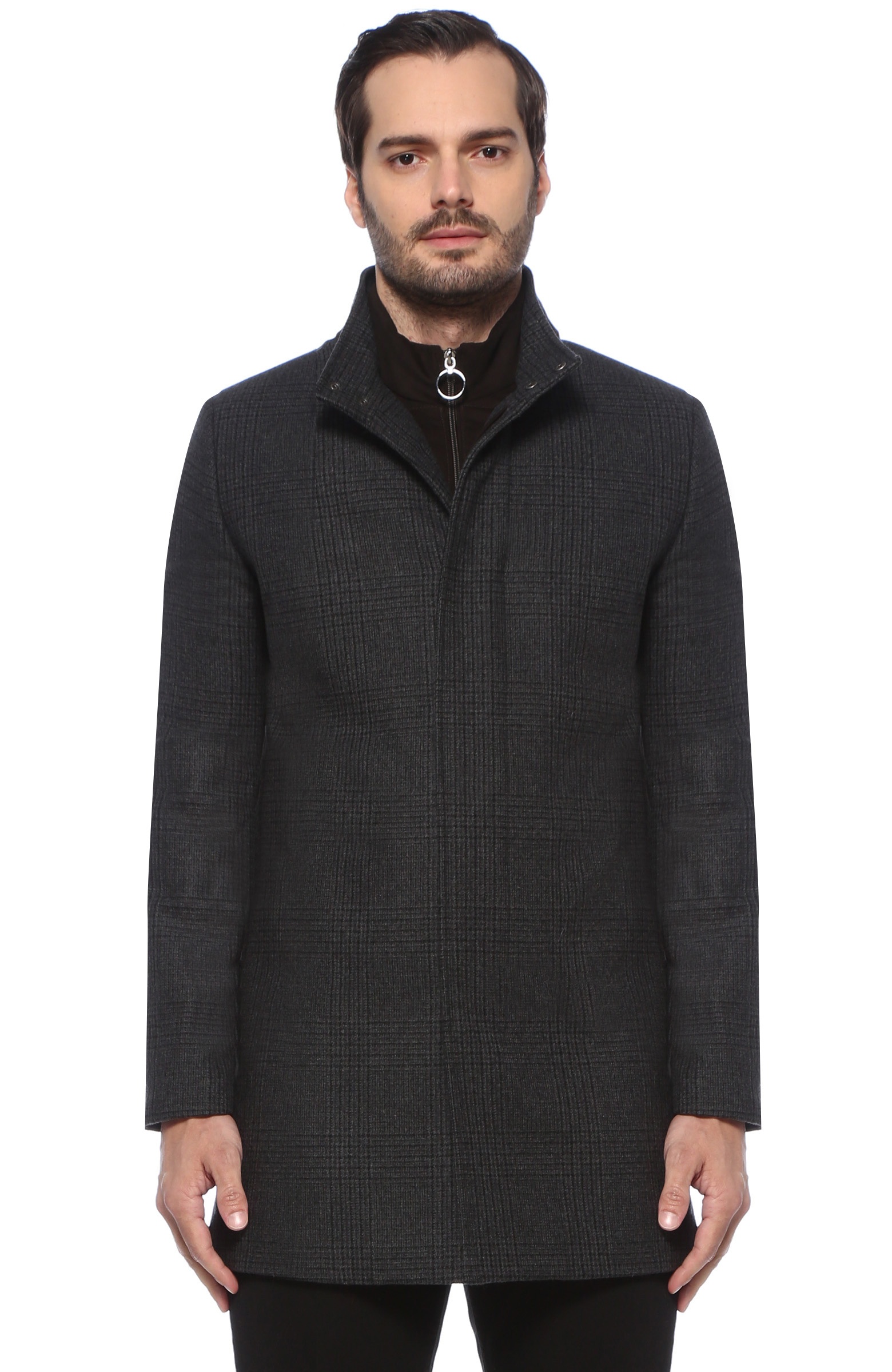 Antrasit Ekose Desenli Yün Palto