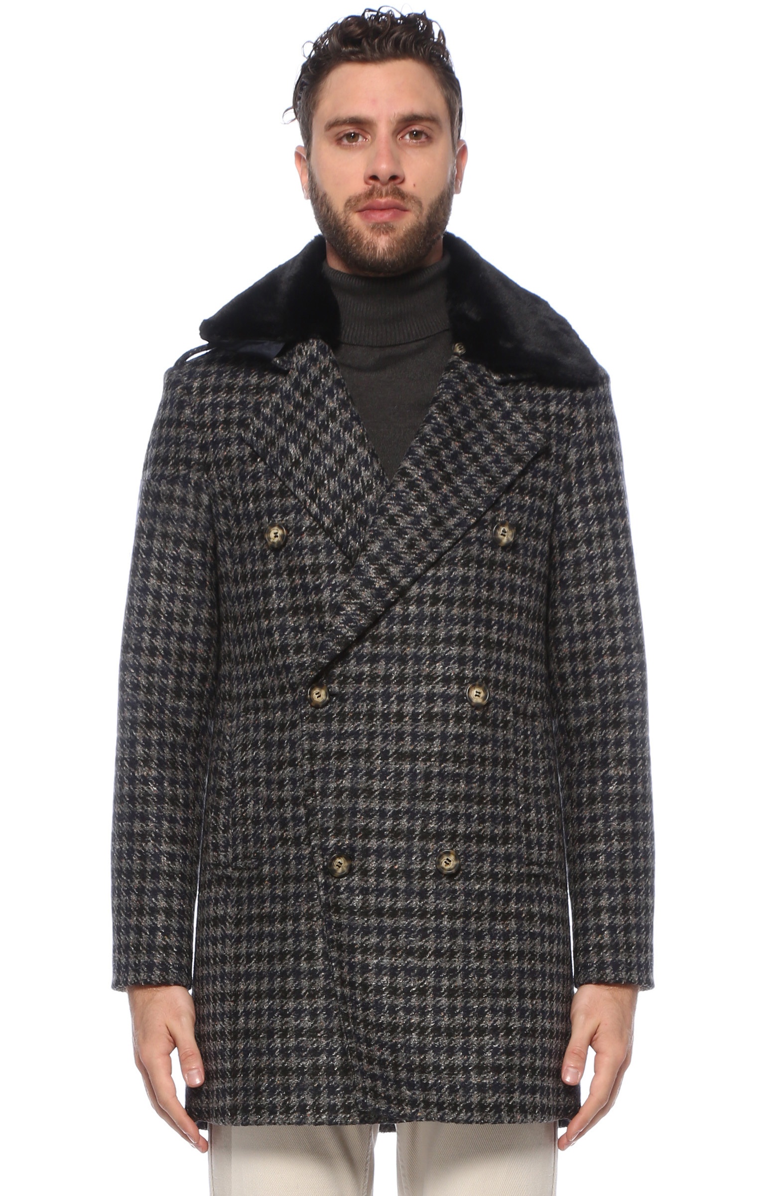 Slim Fit Lacivert Gri Kazayağı Desenli Palto