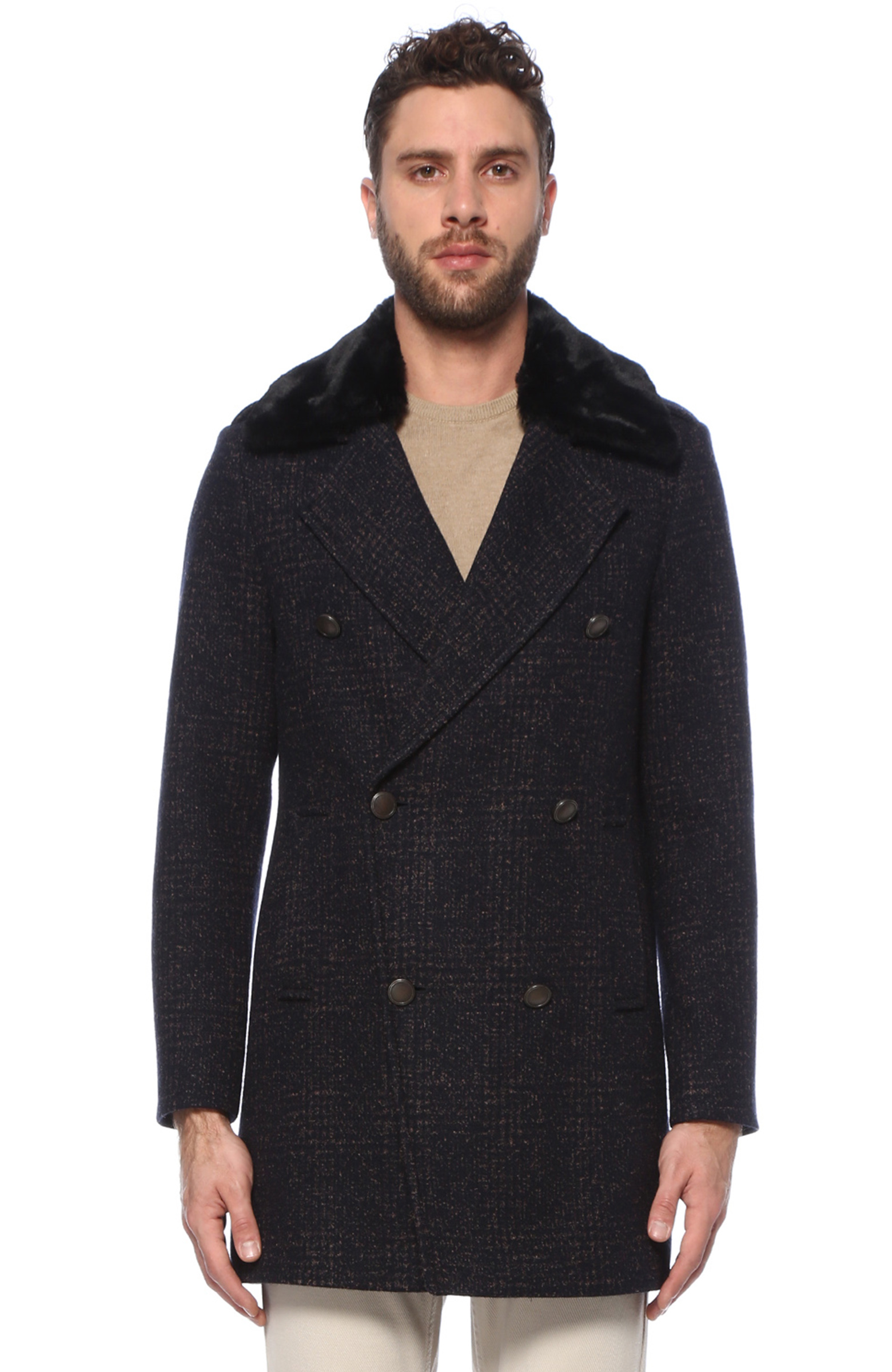 Lacivert-Kahverengi Desenli Palto