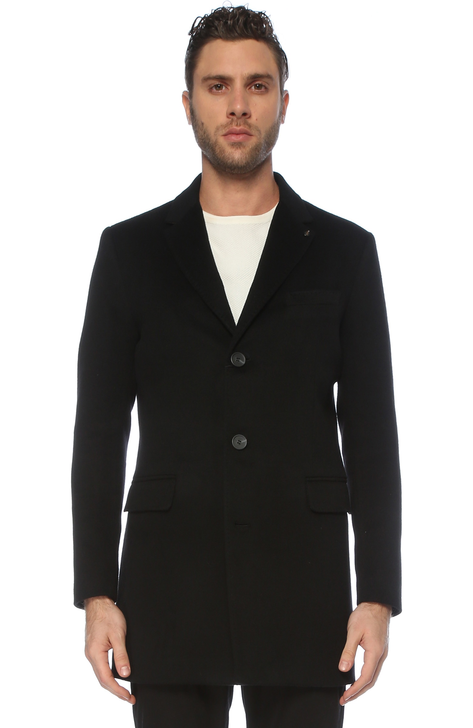 Slim Fit Siyah Kelebek Yaka Kaşmir Palto