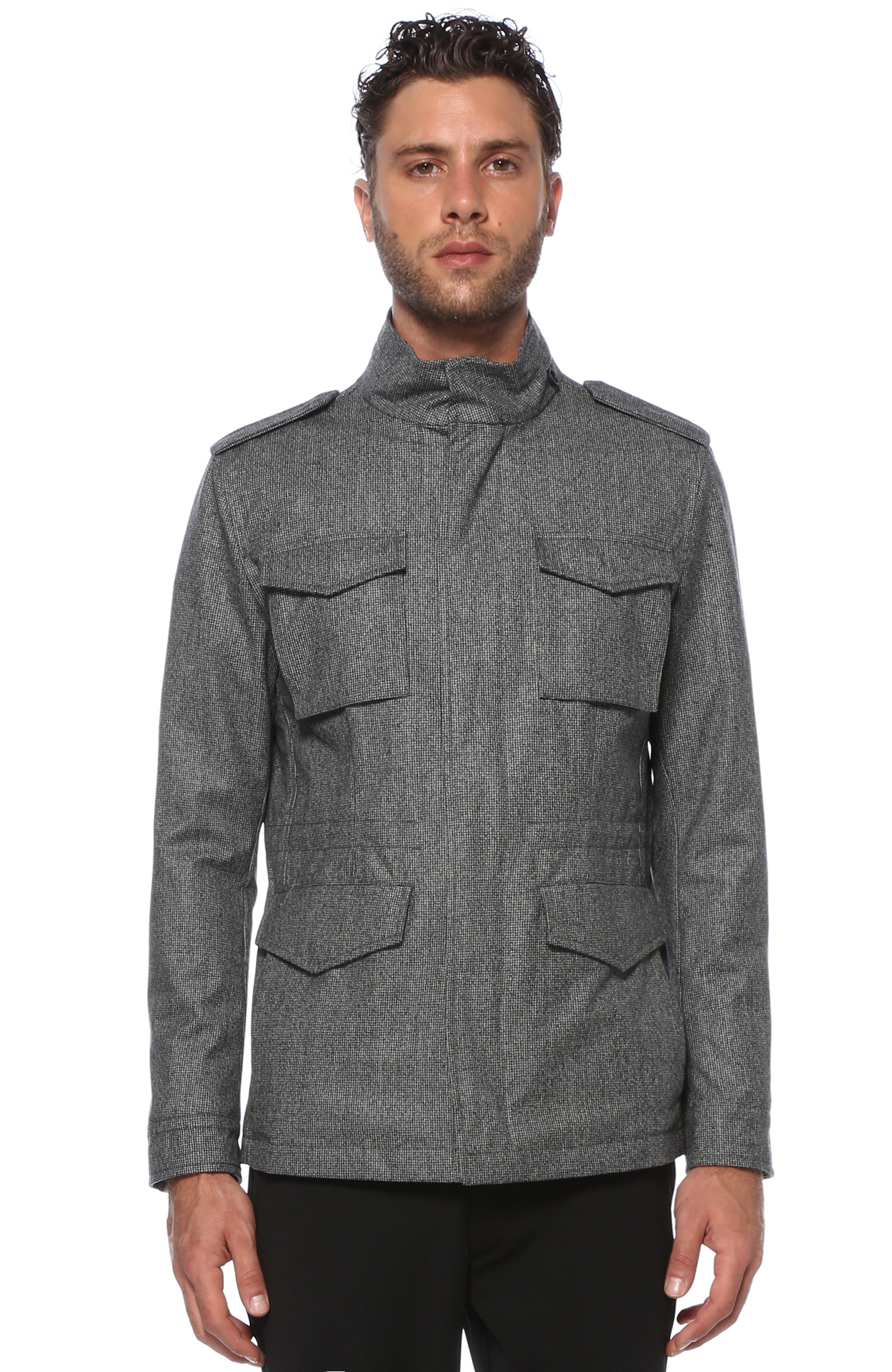 Gri Siyah Dik Yaka Desenli Yün Ceket