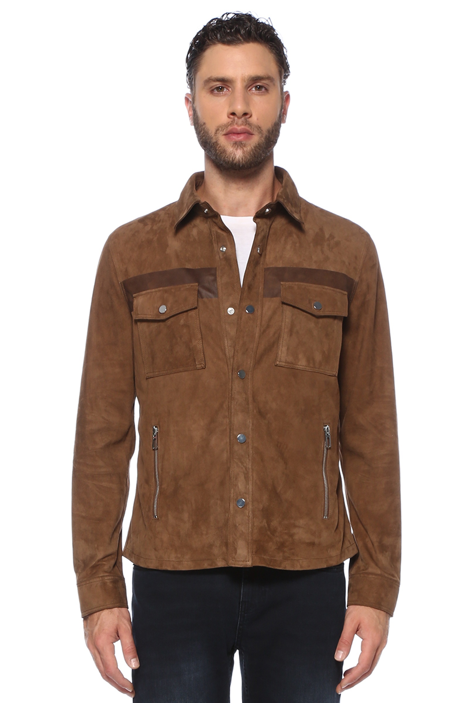 Slim Fit Tütün Polo Yaka Süet Gömlek