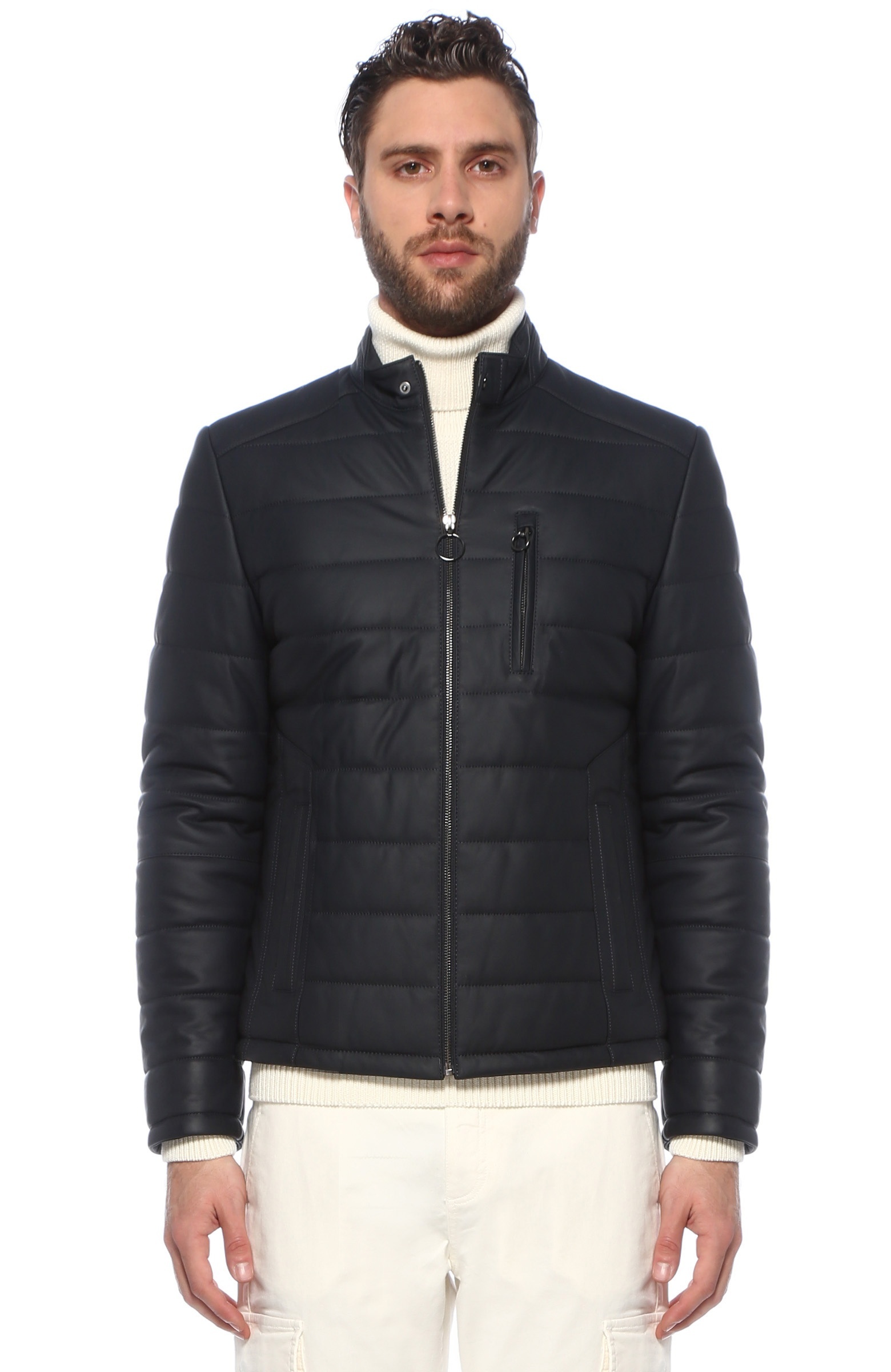 Lacivert Dik Yaka Deri Mont