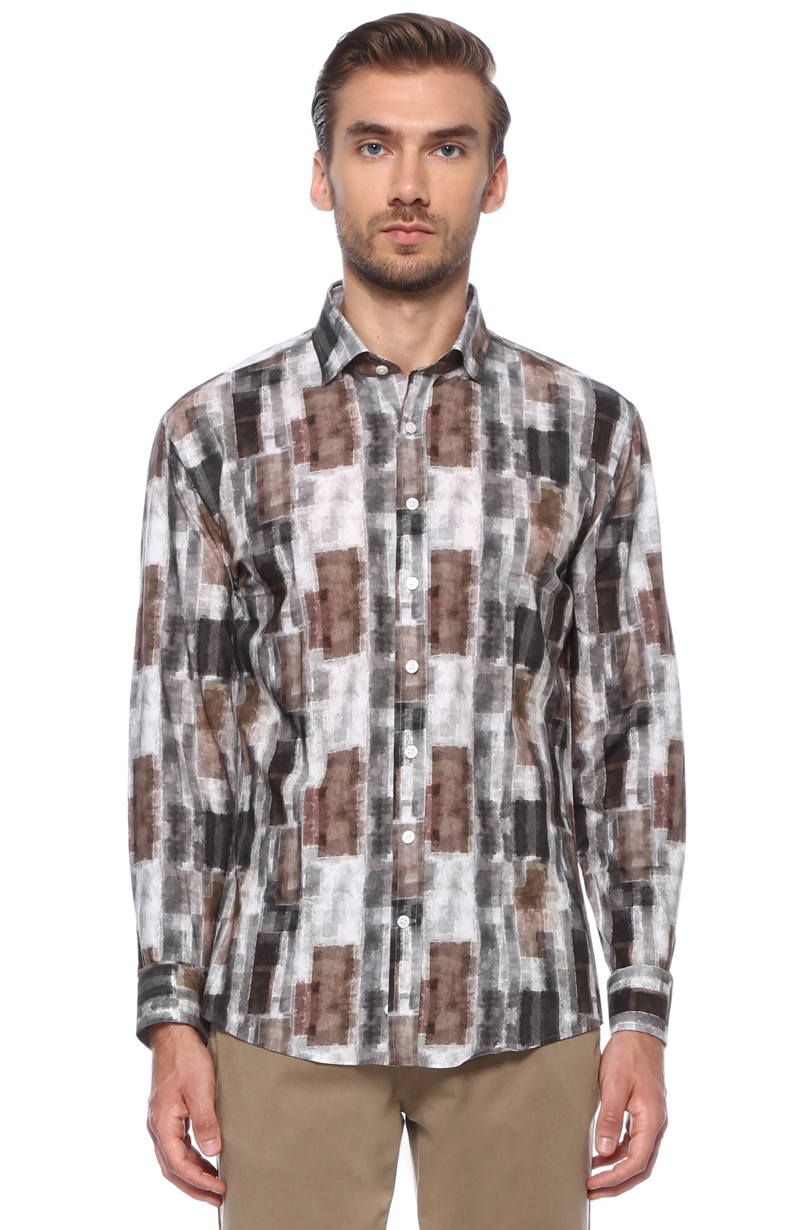 Slim Fit Gri Beyaz Baskılı Gömlek