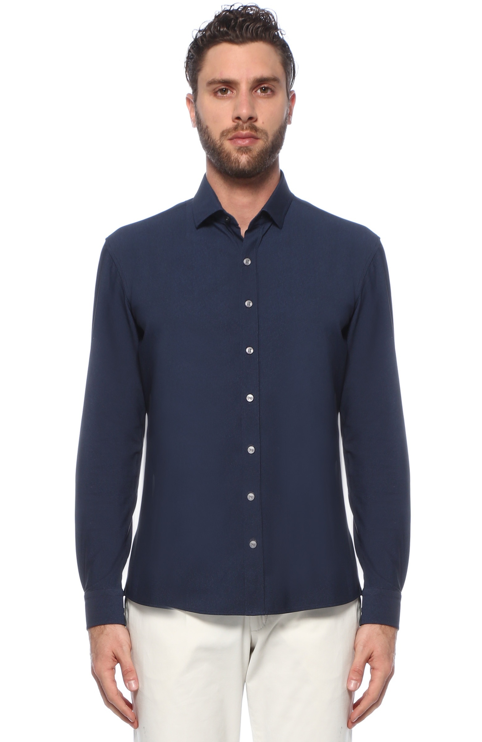 Slim Fit Lacivert İngiliz Yaka Gömlek