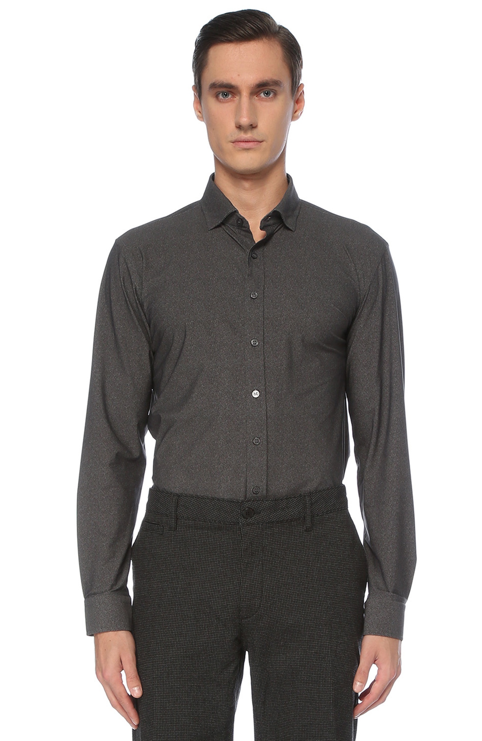 Slim Fit Kahverengi İngiliz Yaka Gömlek Slim Fit Kahverengi İngiliz Yaka Gömlek