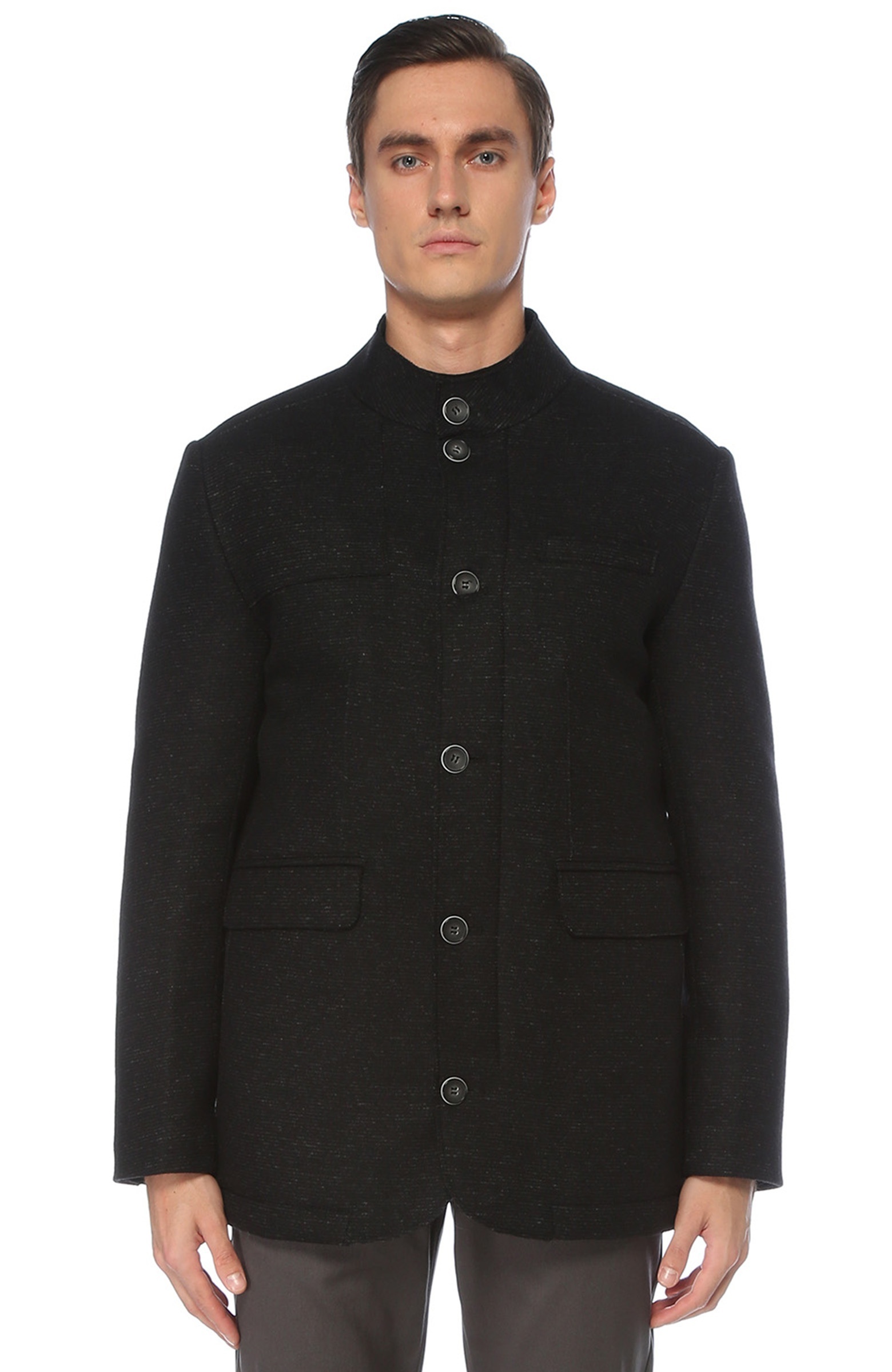 Slim Fit Siyah Dik Yaka Yün Kaban