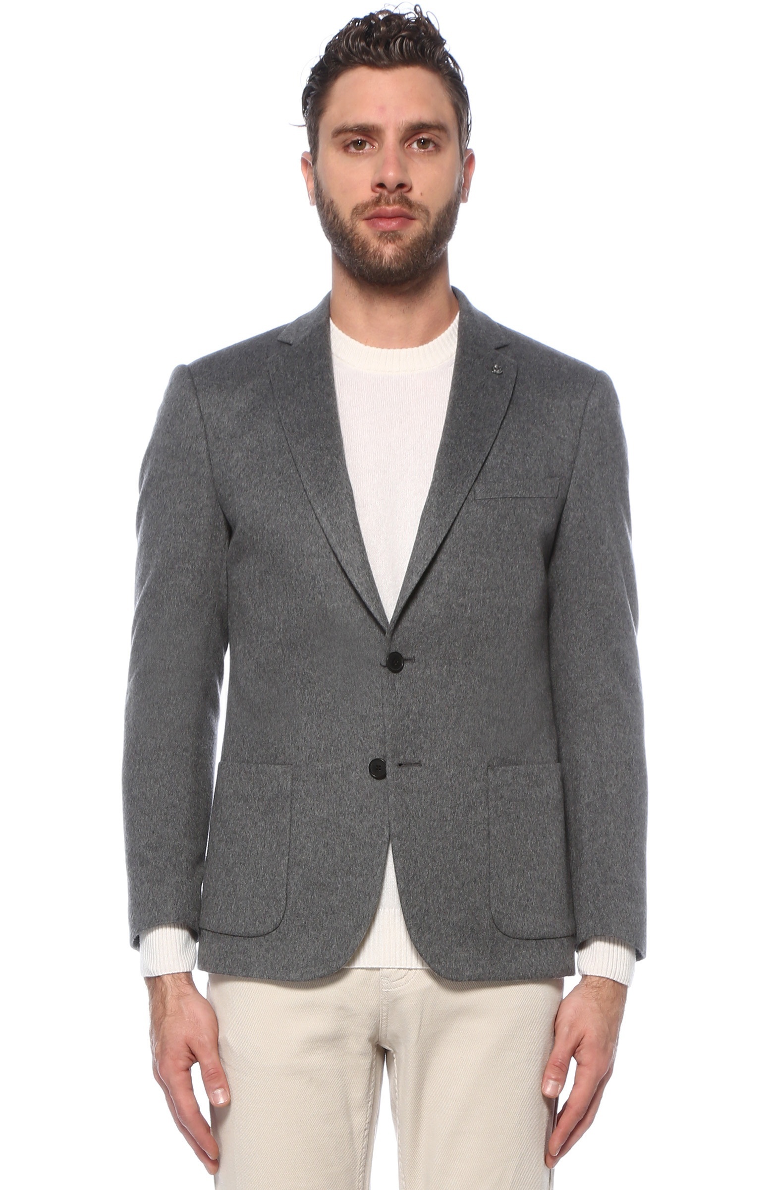 Gri Kelebek Yaka Kaşmir Ceket