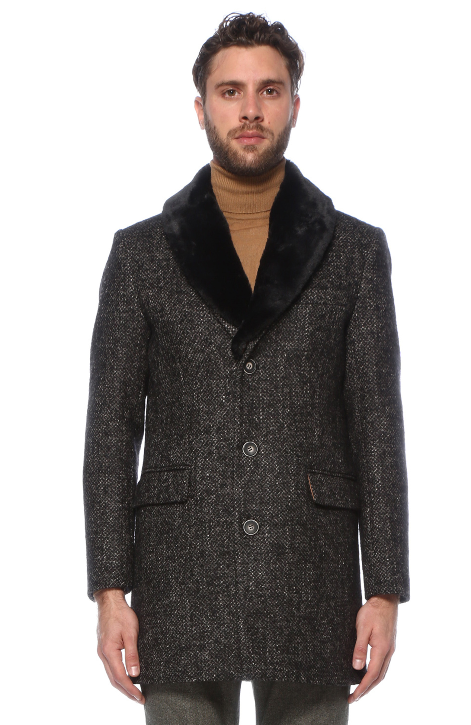 Siyah Kahverengi Desenli Palto