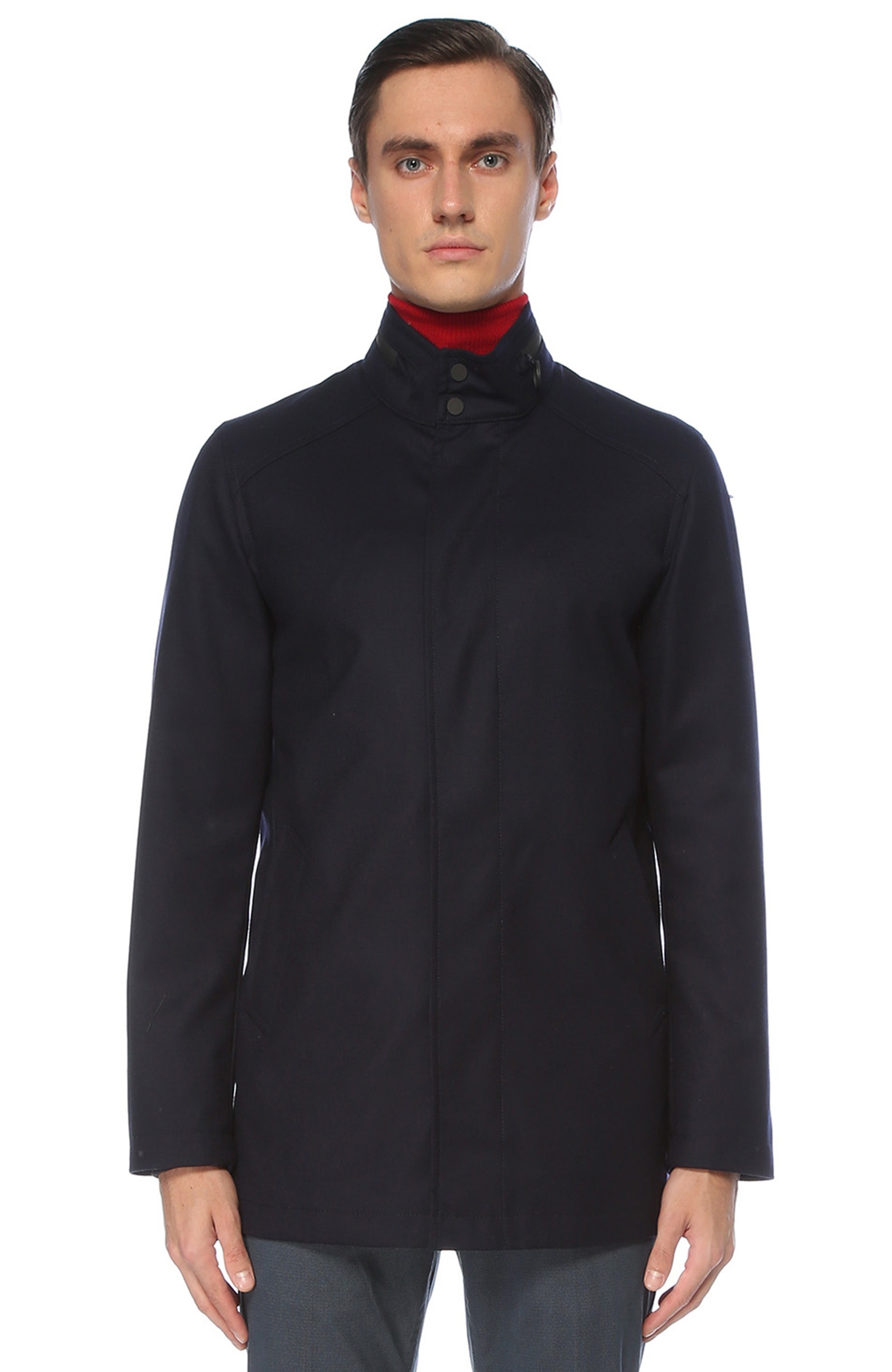 Lacivert Dik Yaka Yün Pardösü