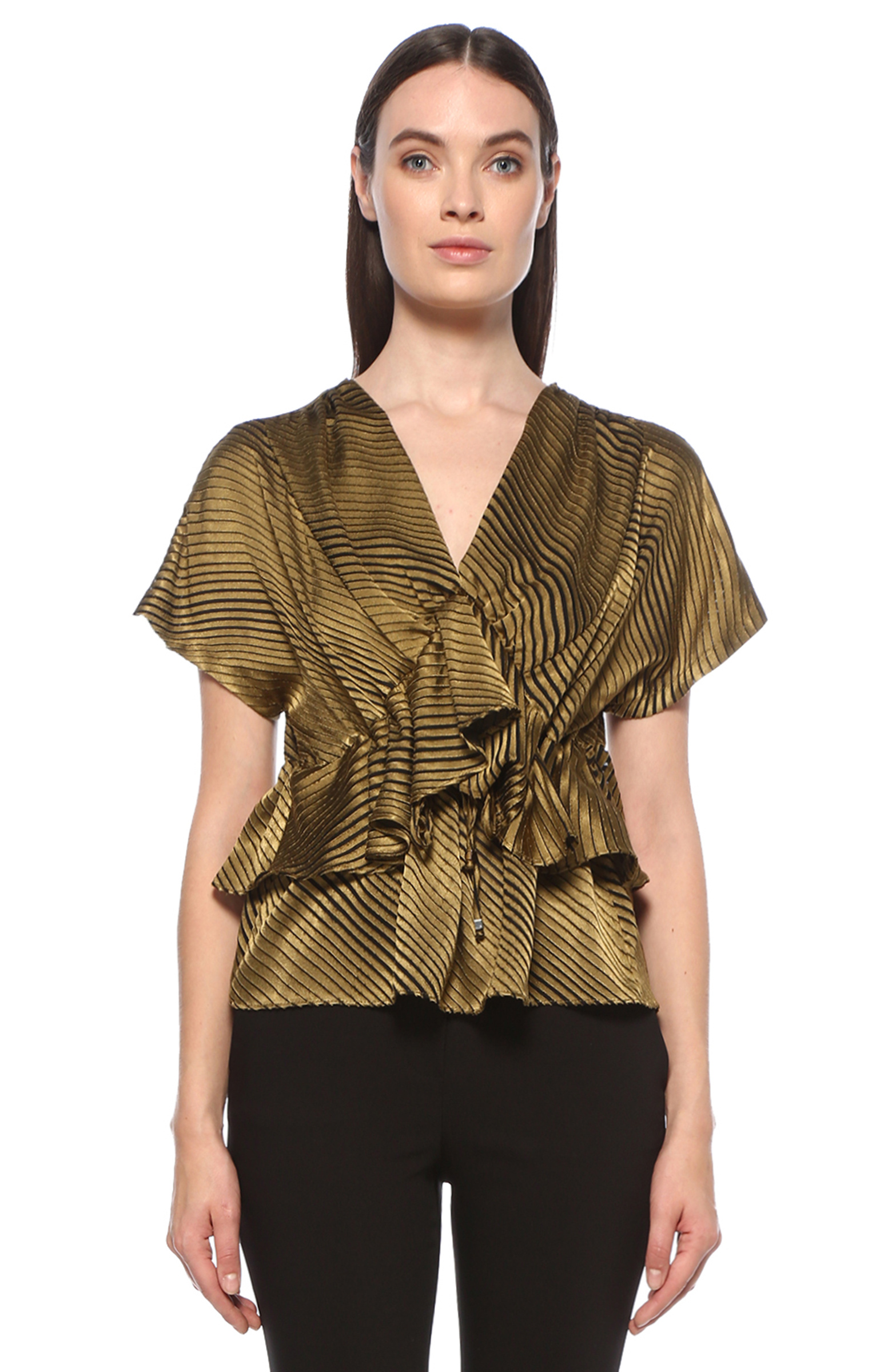 Haki V Yaka Çizgili Fırfırlı Bluz