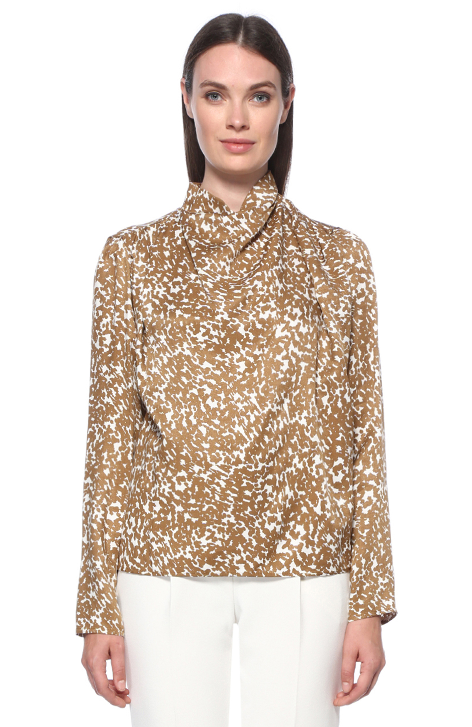 Regular Fit Bej Leopar Desenli Bluz Regular Fit Bej Leopar Desenli Bluz