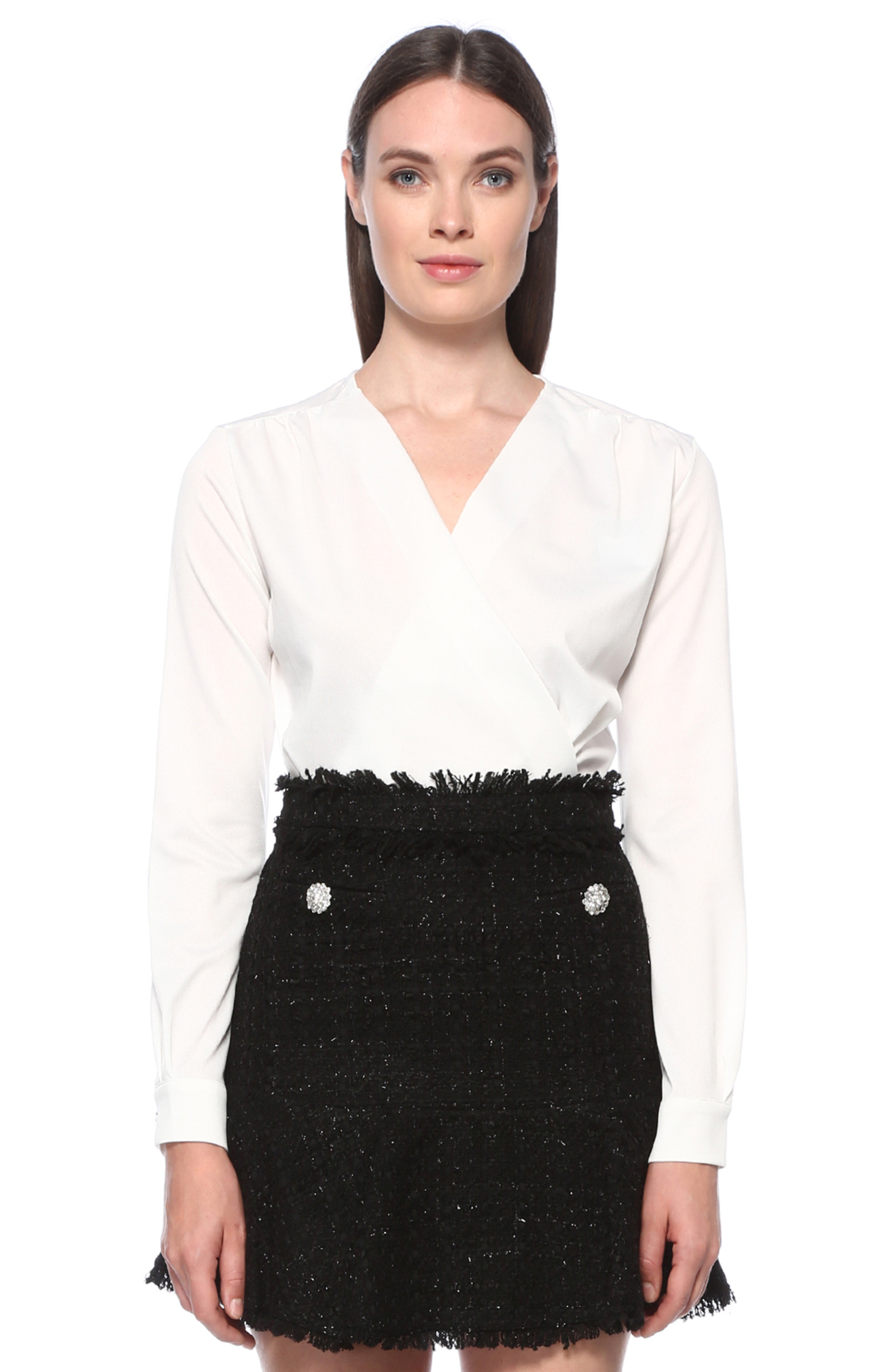 Beyaz Kruvaze Yaka Bluz