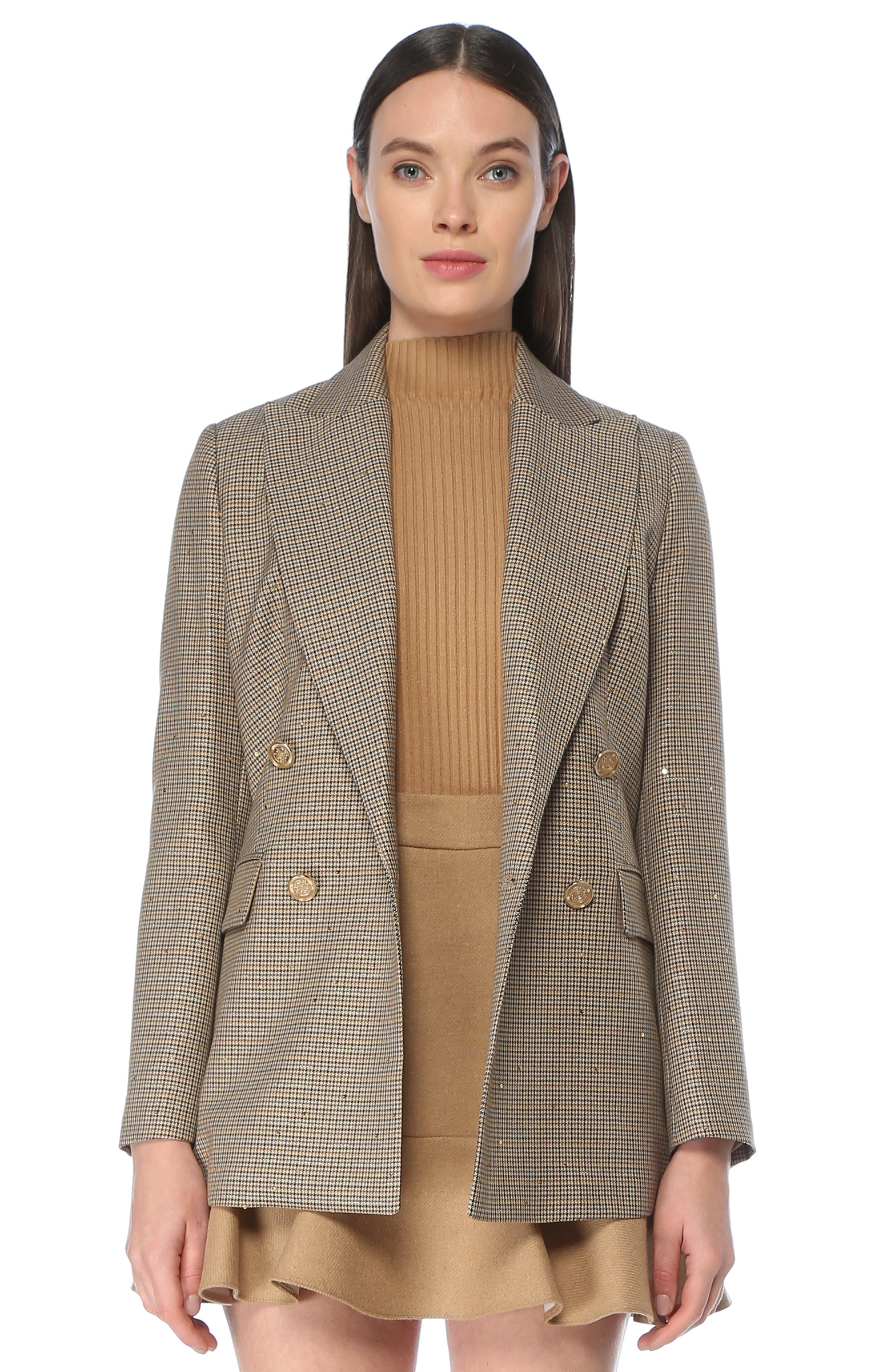 Camel Kazayağı Desenli Kruvaze Ceket Camel Kazayağı Desenli Kruvaze Ceket