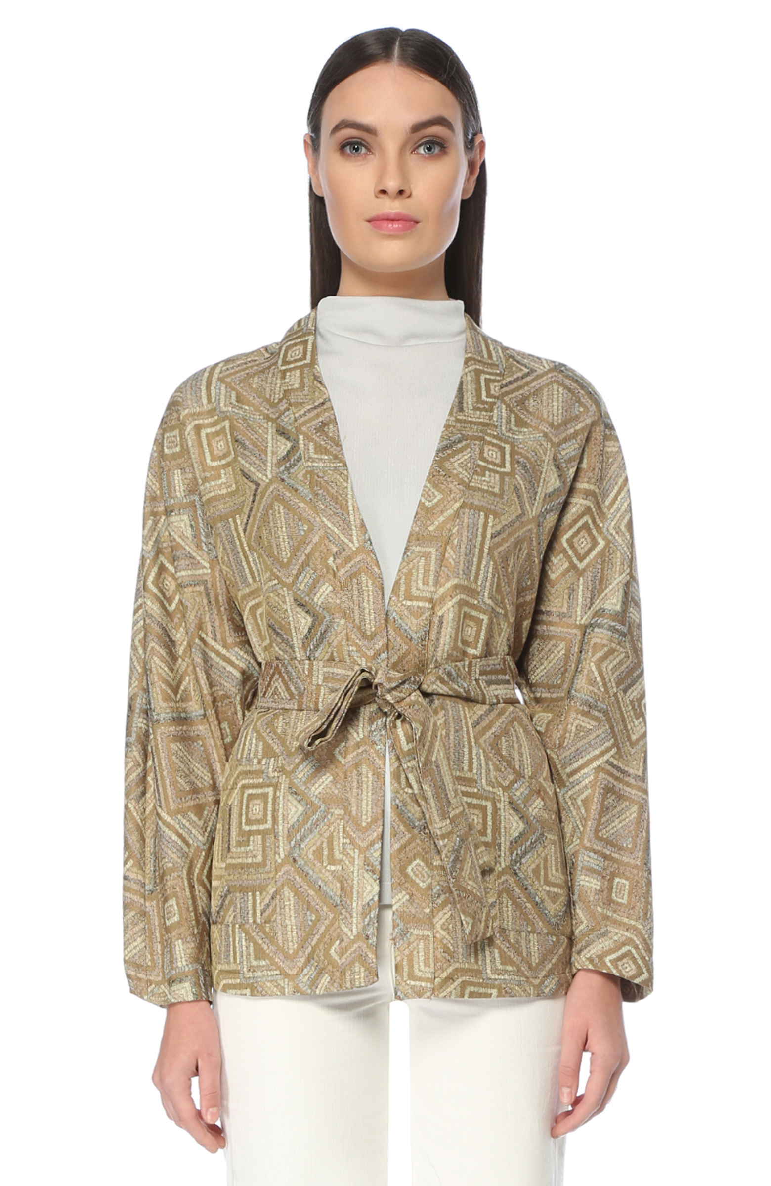 Camel Geometrik Desenli Kuşaklı Ceket