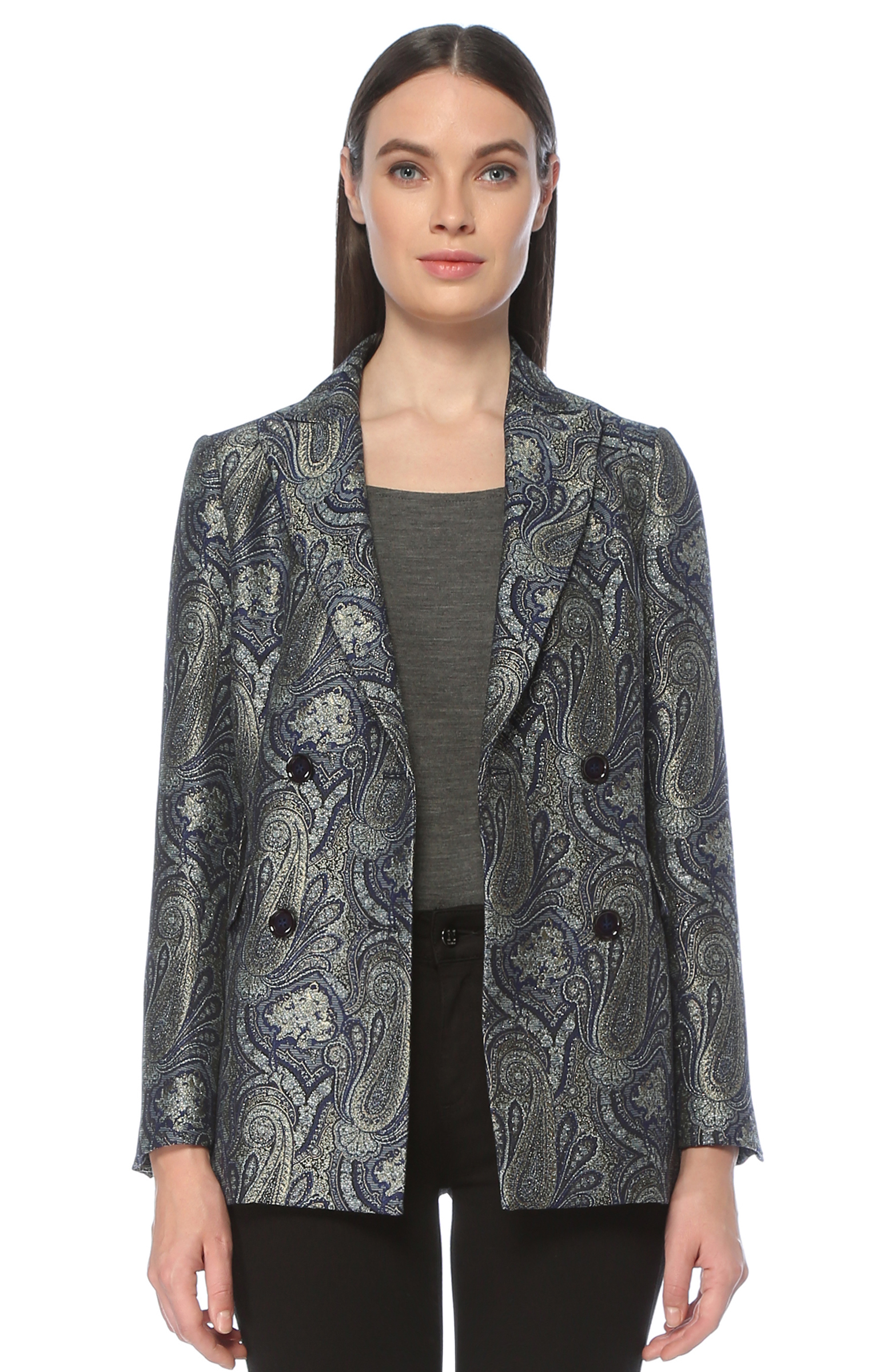 Slim Fit Lacivert Damak Desenli Ceket Slim Fit Lacivert Damak Desenli Ceket