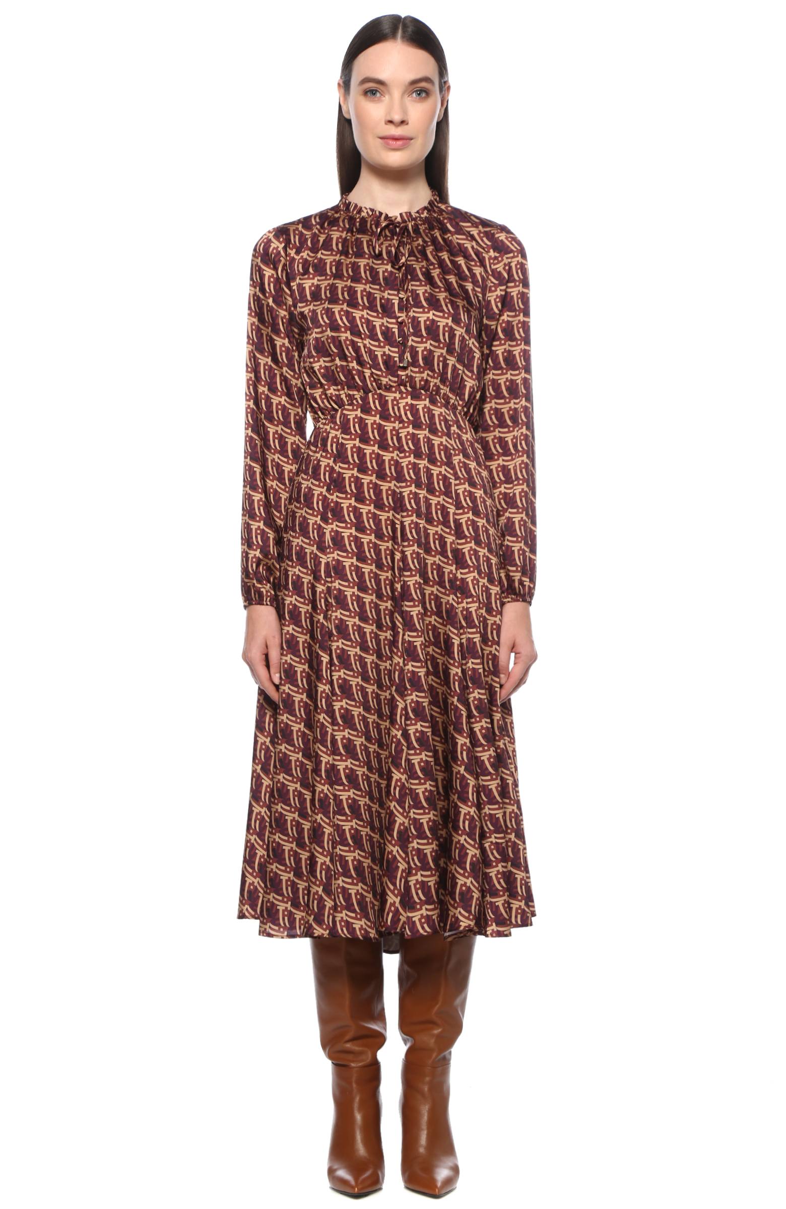 Tarçın Desenli Midi Elbise Tarçın Desenli Midi Elbise