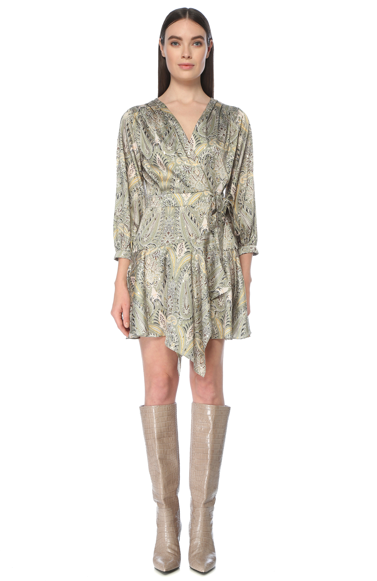 Bej Etnik Desenli Mini Elbise Bej Etnik Desenli Mini Elbise