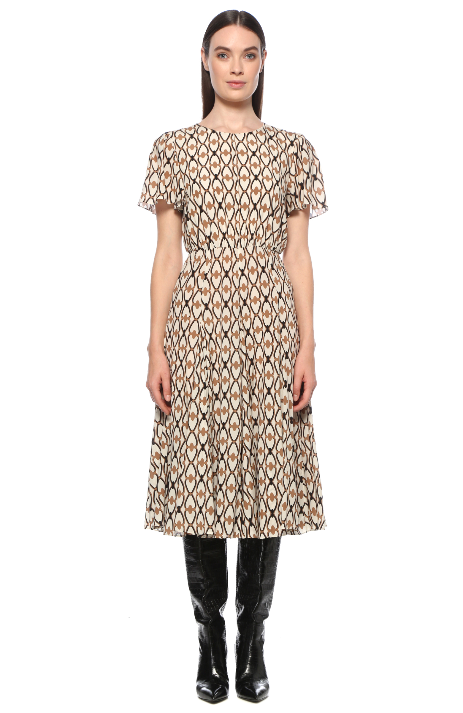 Bej Desenli Midi İpek Elbise Bej Desenli Midi İpek Elbise