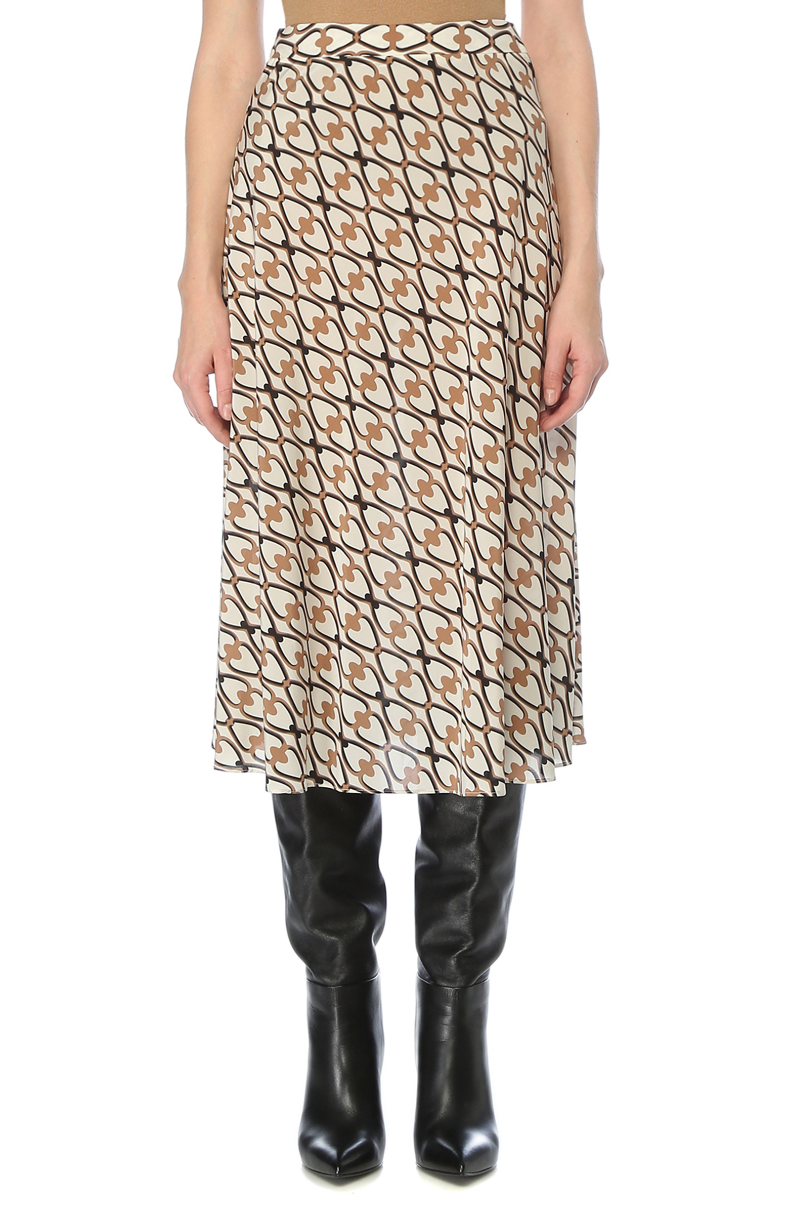 Bej Desenli Midi Etek