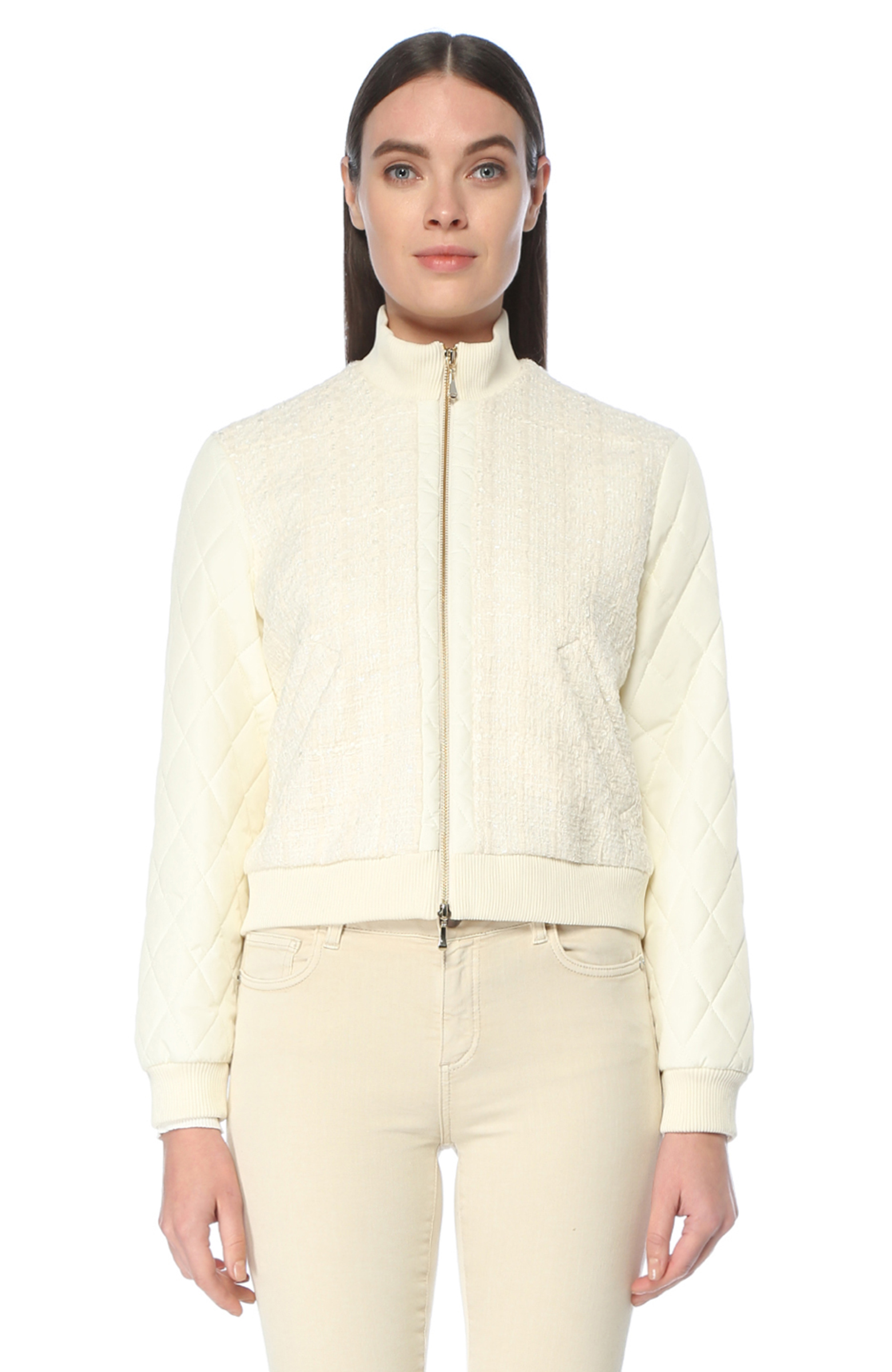 Regular Fit Ekru Dik Yaka Tweed Dokulu Mont Regular Fit Ekru Dik Yaka Tweed Dokulu Mont