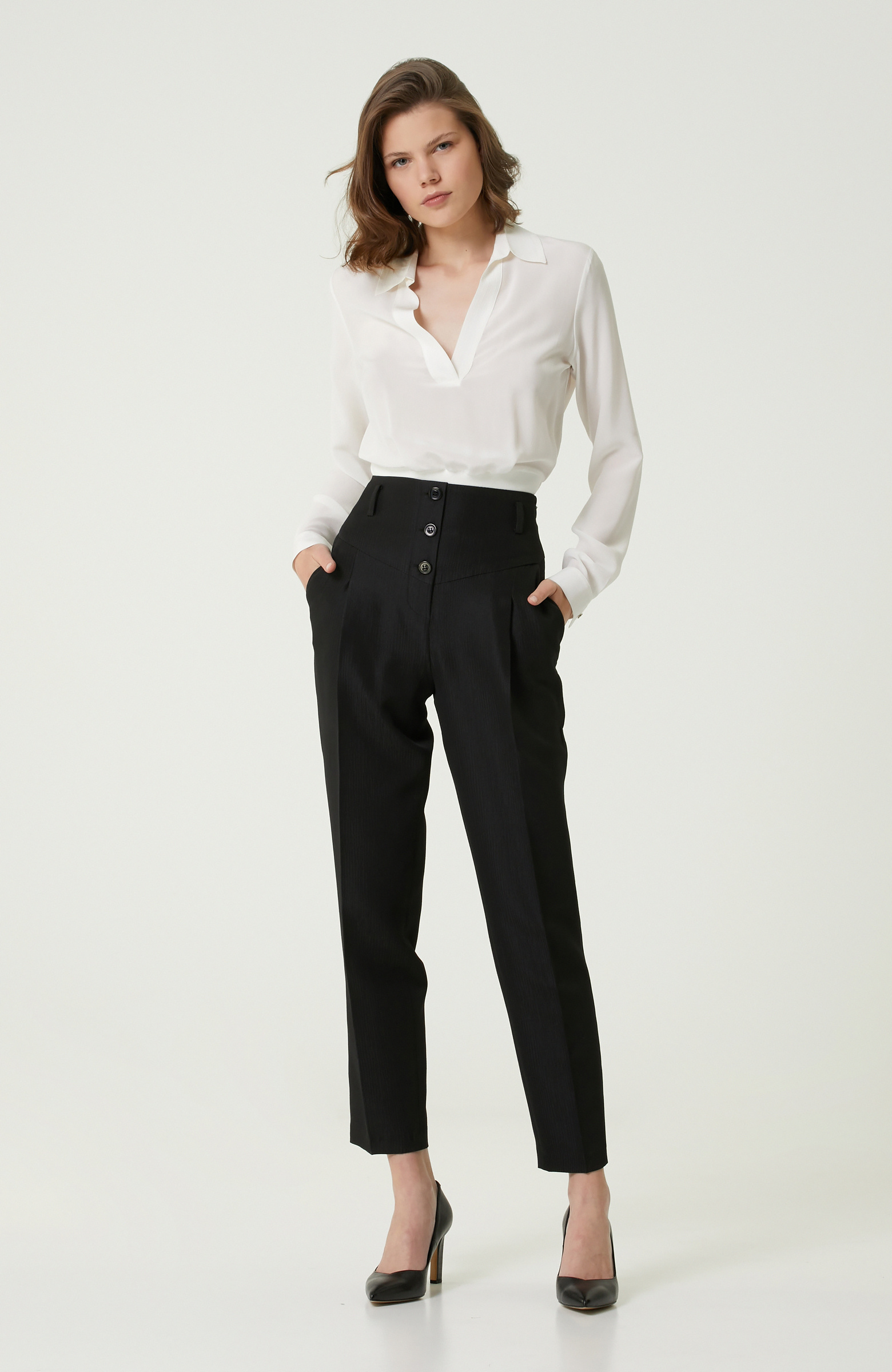 Regular Fit Siyah Yüksek Bel Çizgili Pantolon