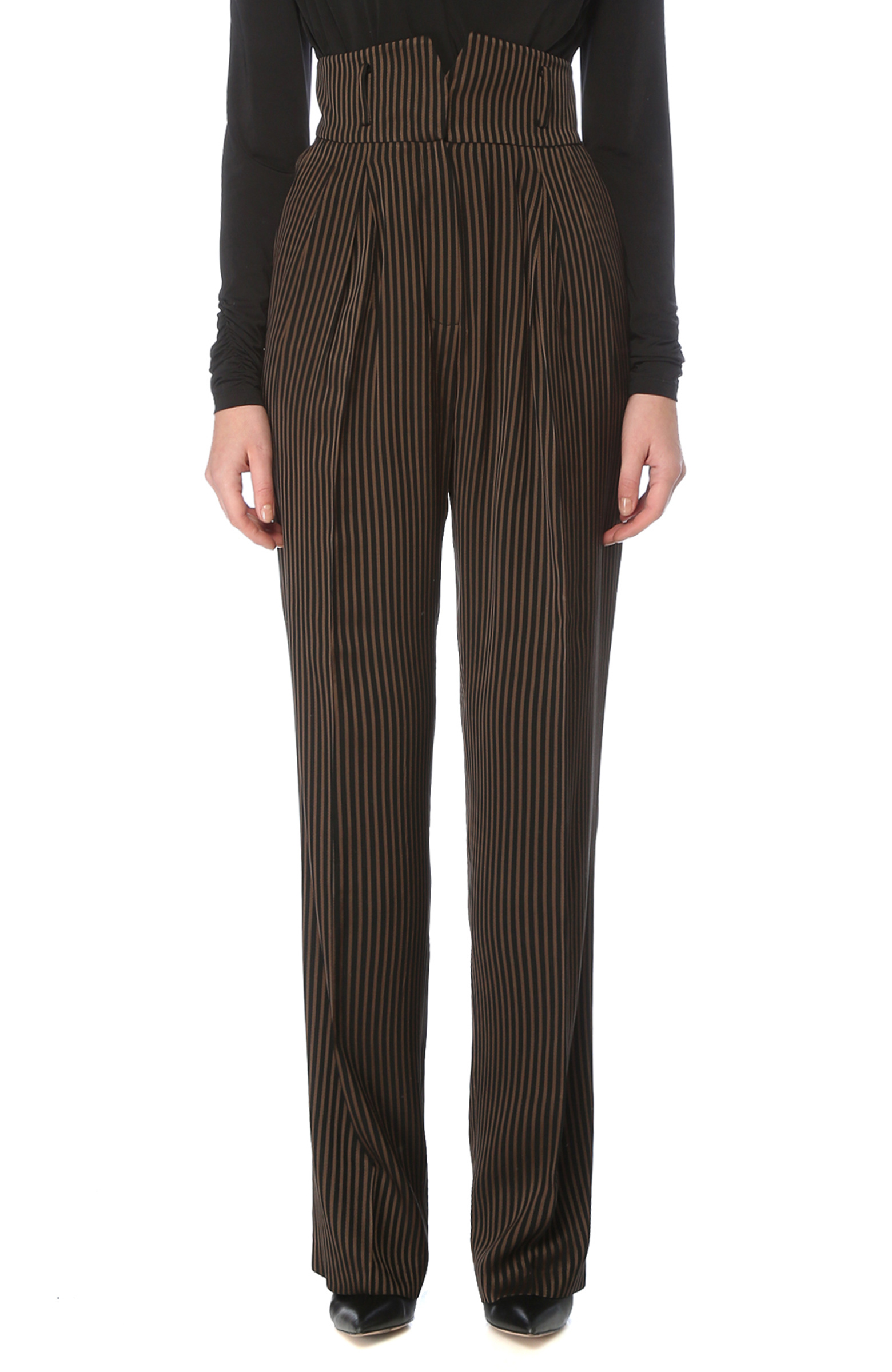 Regular Fit Kahverengi Yüksek Bel Çizgili Pantolon