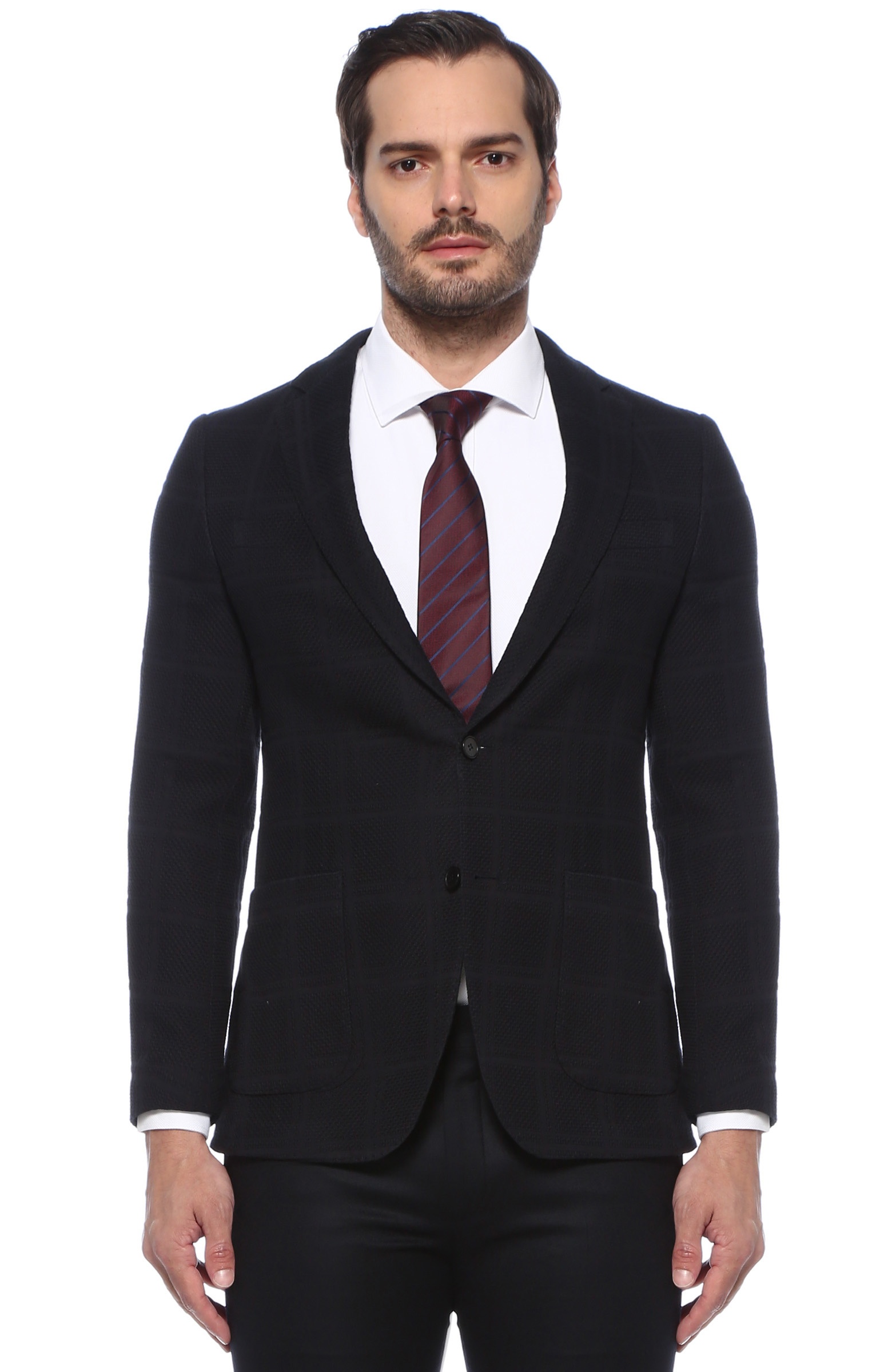 Drop 6 Slim Fit Kareli Kelebek Yaka Yün Ceket Drop 6 Slim Fit Kareli Kelebek Yaka Yün Ceket