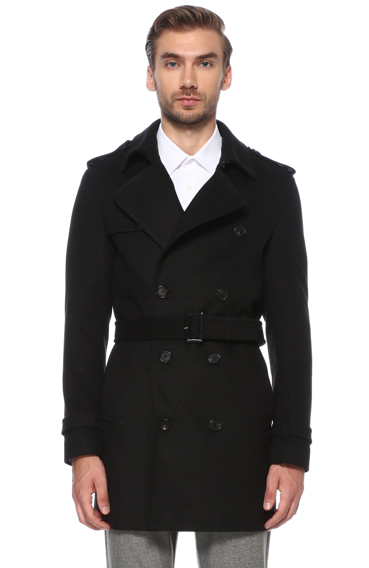 Siyah Kruvaze Yaka Kaban