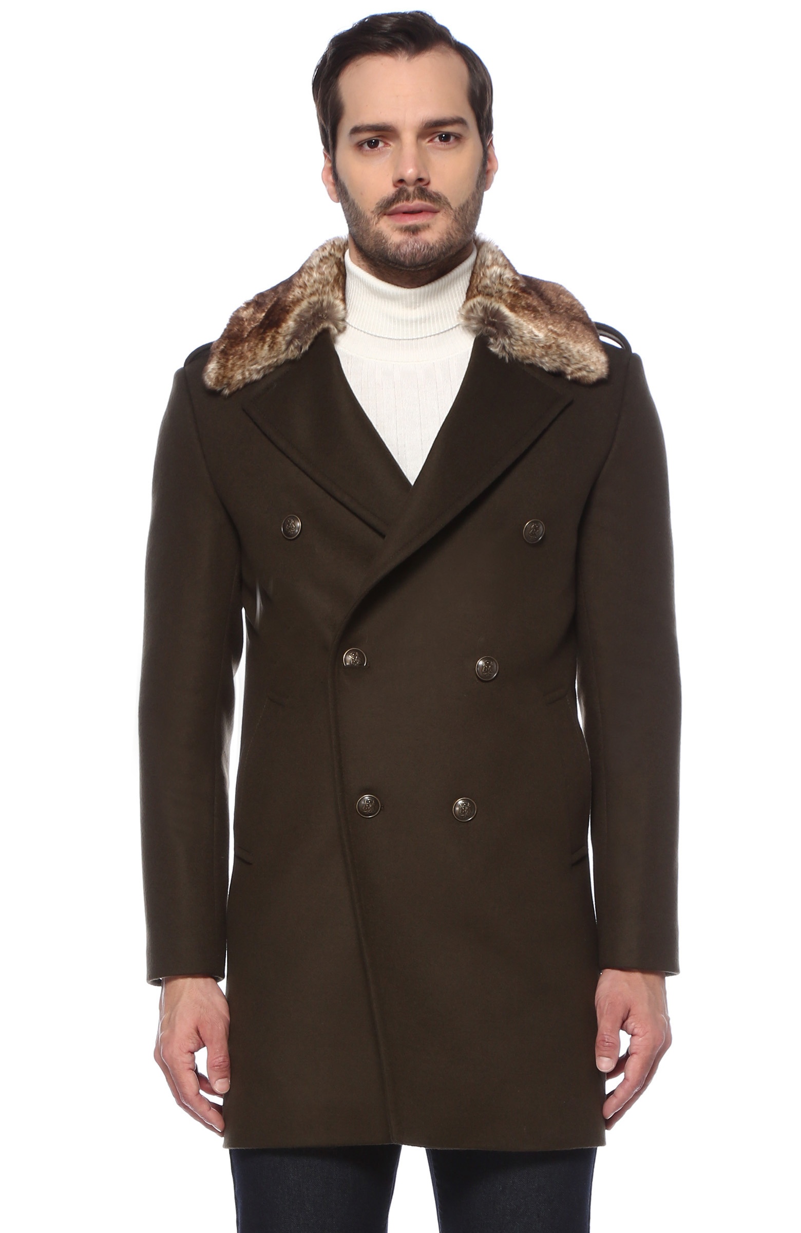 Haki Kelebek Yaka Peluş Detaylı Yün Palto Haki Kelebek Yaka Peluş Detaylı Yün Palto