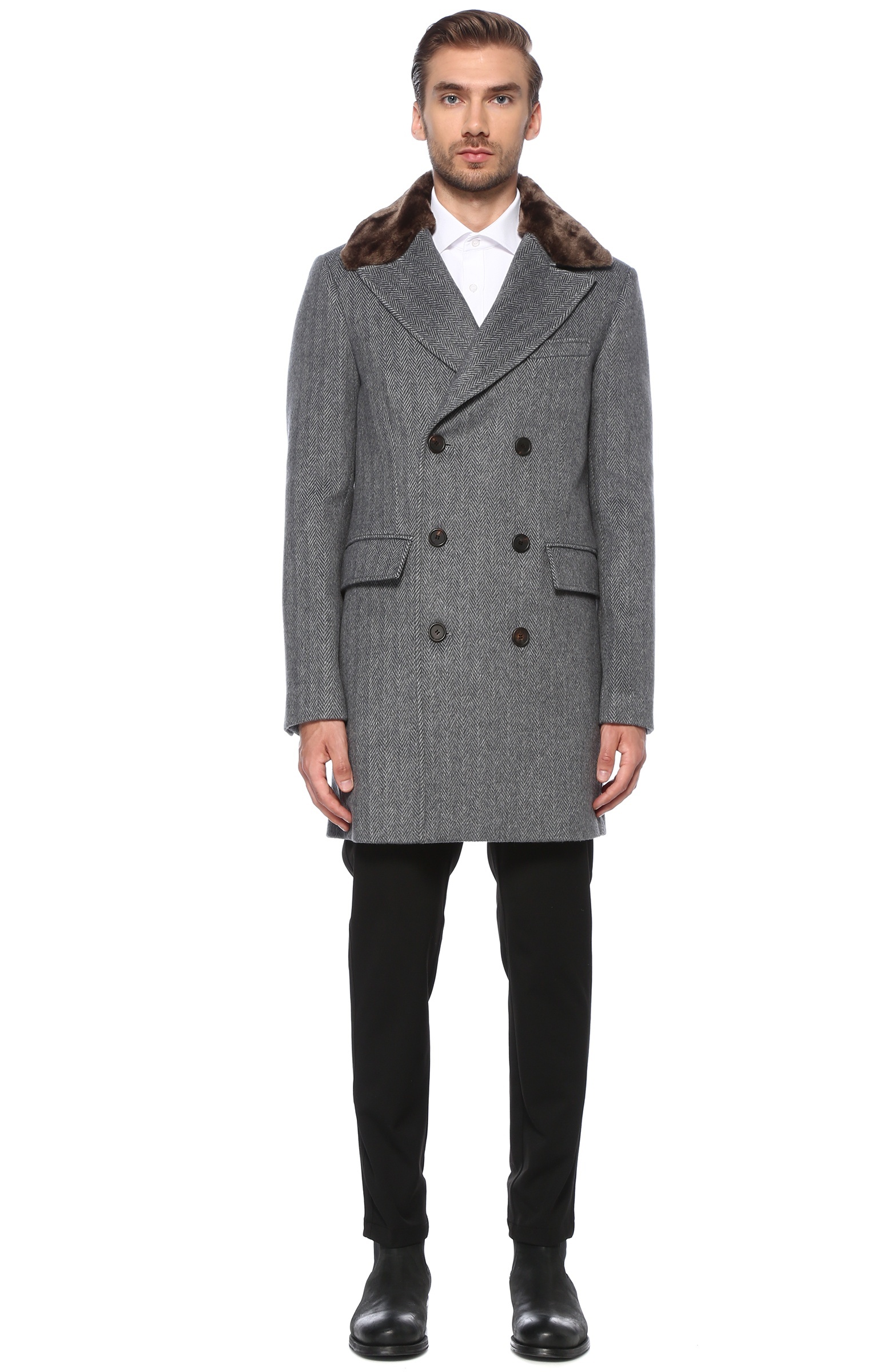 Gri Peluş Yaka Detaylı Yün Palto