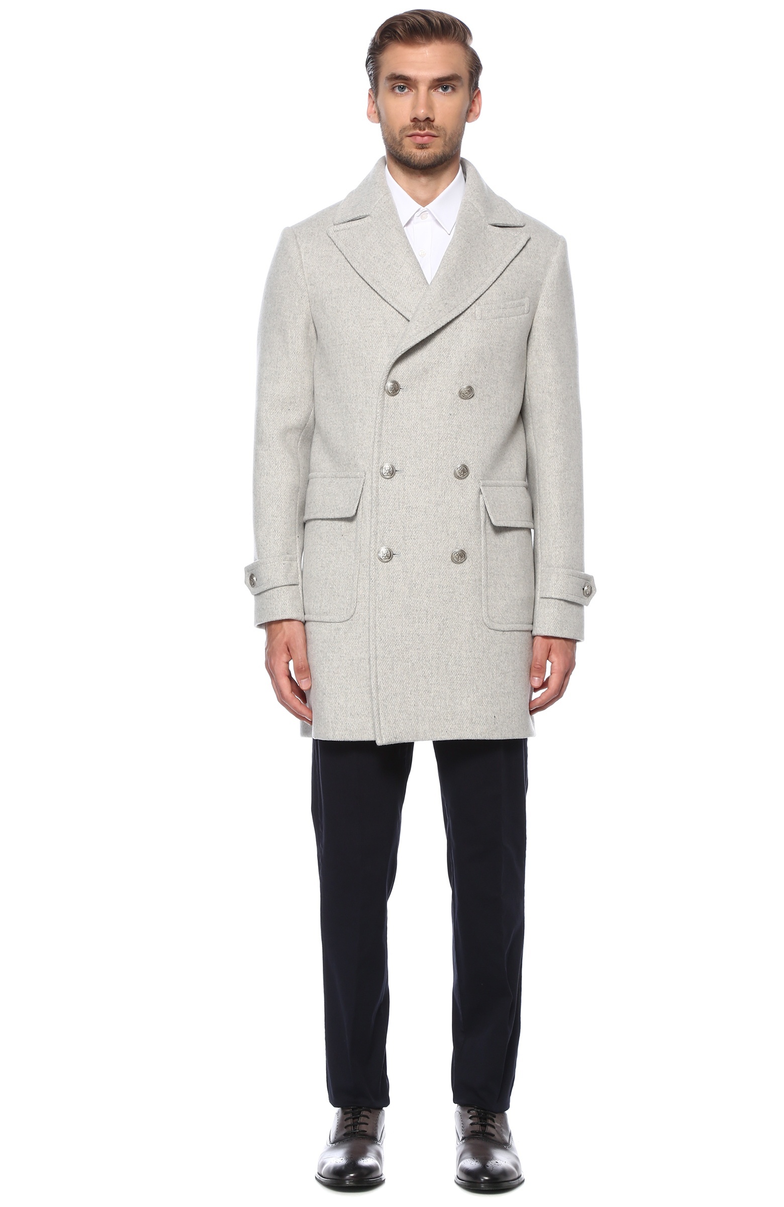 Gri Kruvaze Yaka Yün Palto