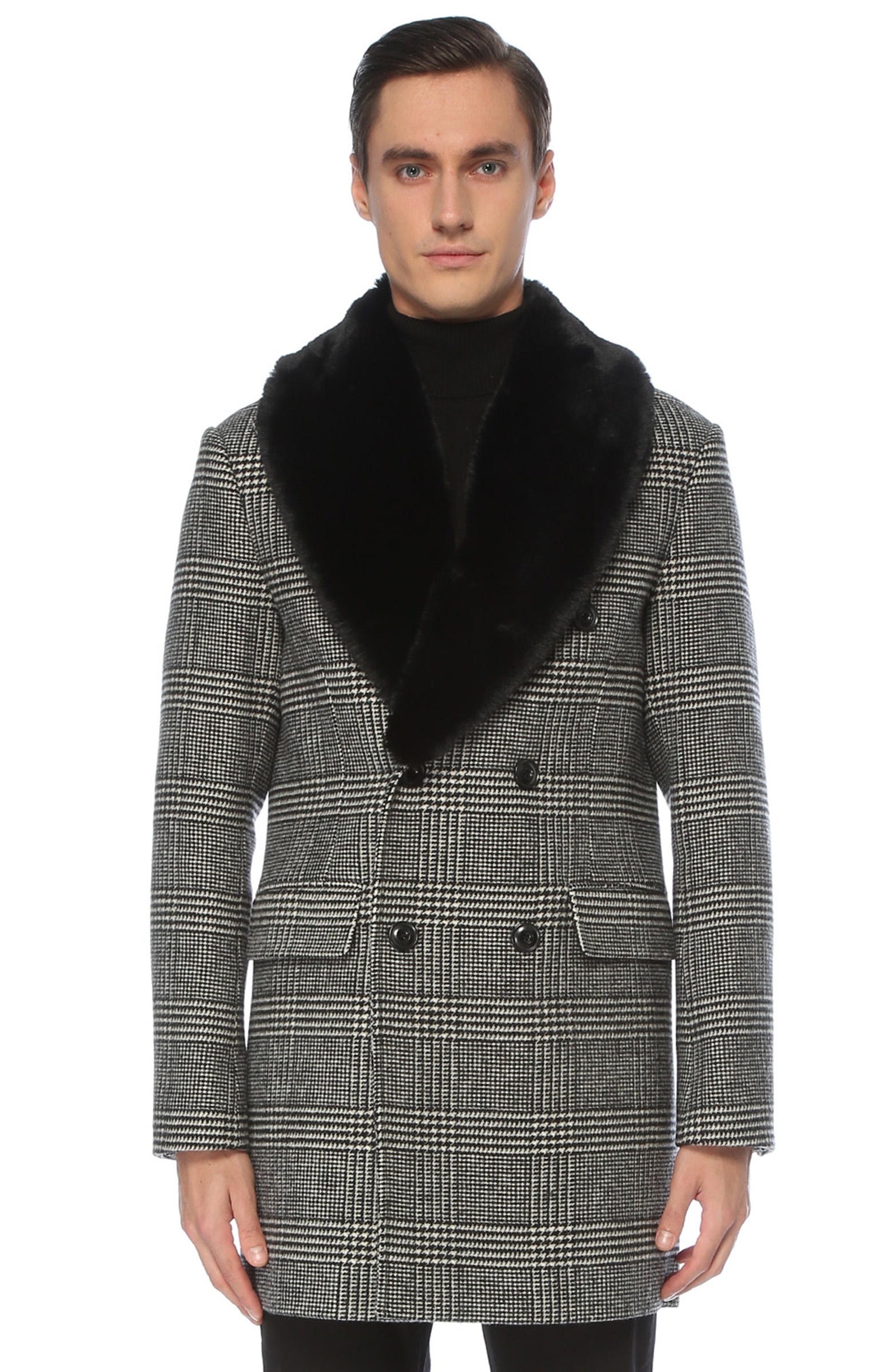 Siyah Beyaz Şal Yaka Ekoseli Yün Palto Siyah Beyaz Şal Yaka Ekoseli Yün Palto