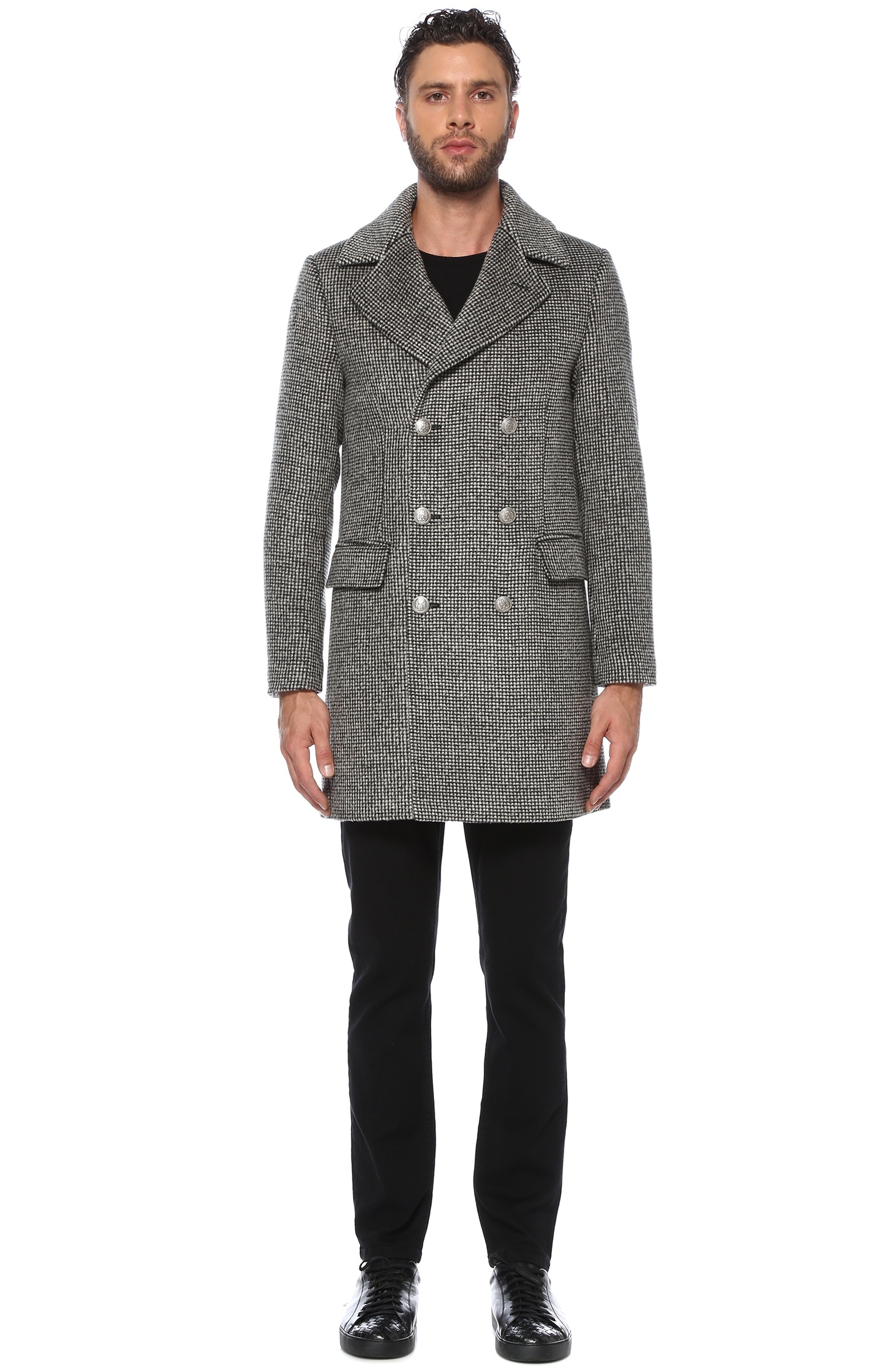 Siyah Desenli Kruvaze Yün Palto Siyah Desenli Kruvaze Yün Palto