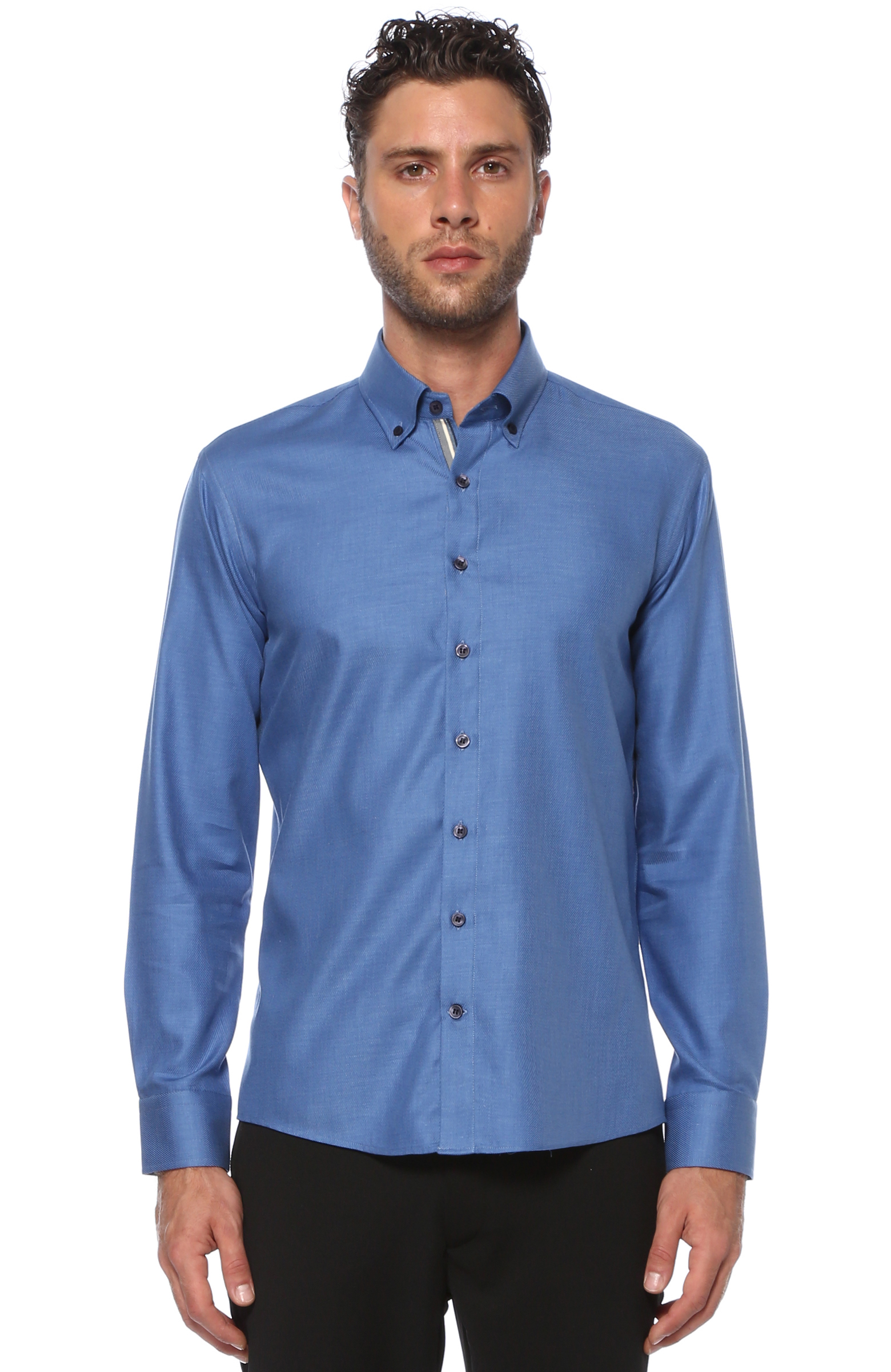 Slim Fit Mavi Düğmeli Yaka Gömlek Slim Fit Mavi Düğmeli Yaka Gömlek