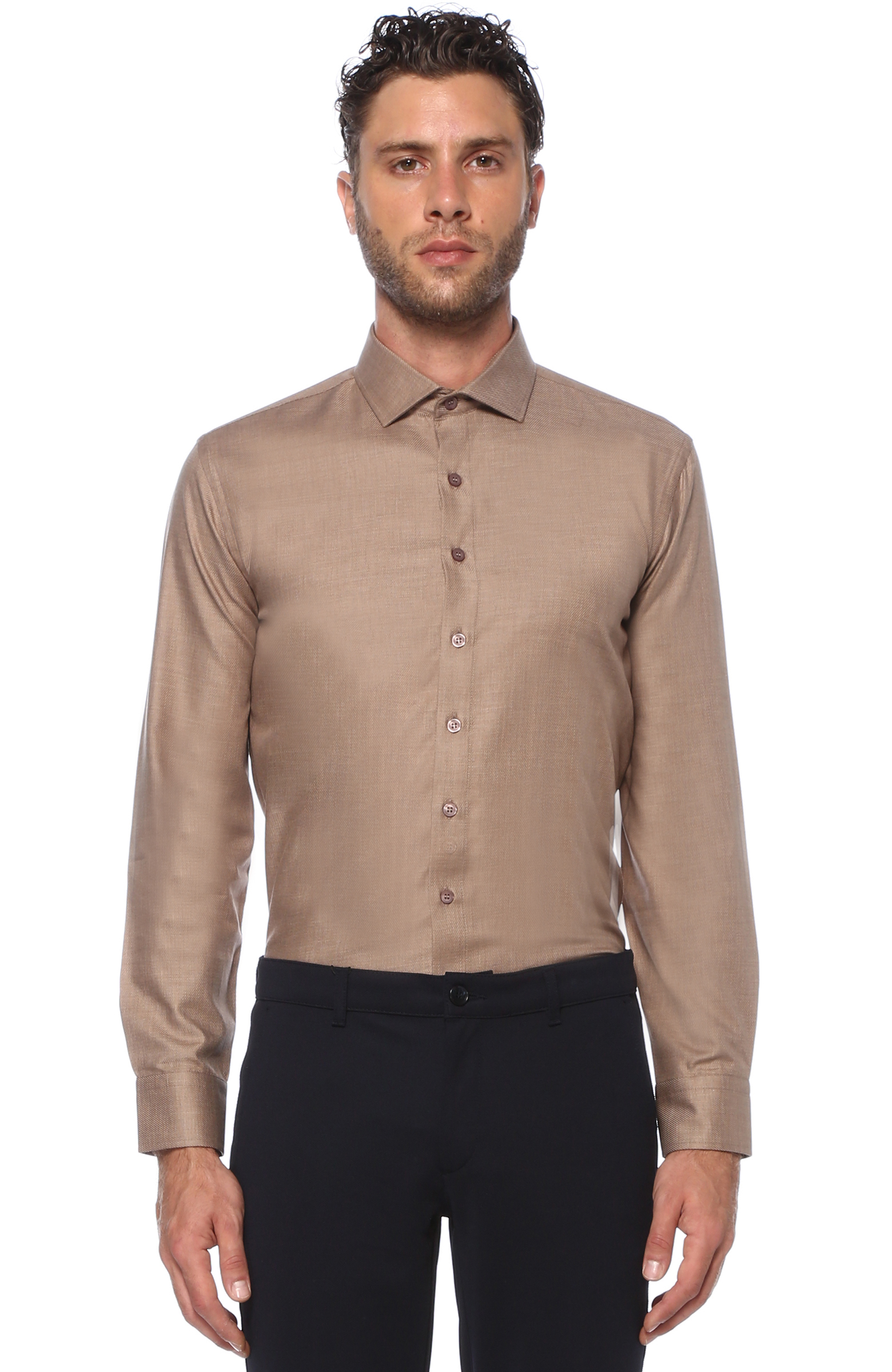 Slim Fit Camel Kesik Yaka Gömlek Slim Fit Camel Kesik Yaka Gömlek