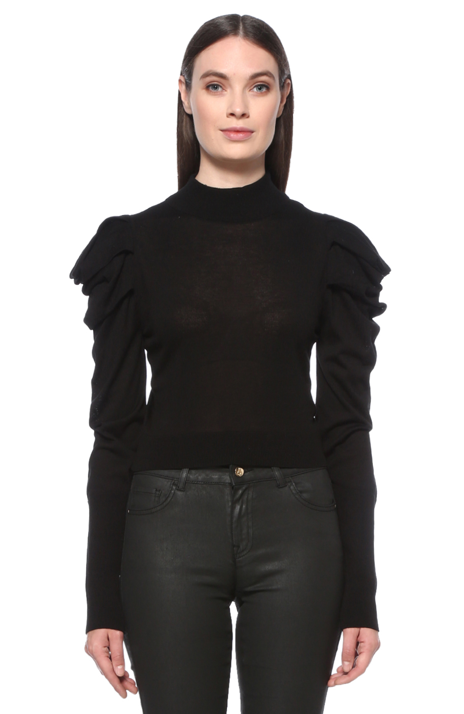 Slim Fit Siyah Kolları Drapeli Kazak Slim Fit Siyah Kolları Drapeli Kazak