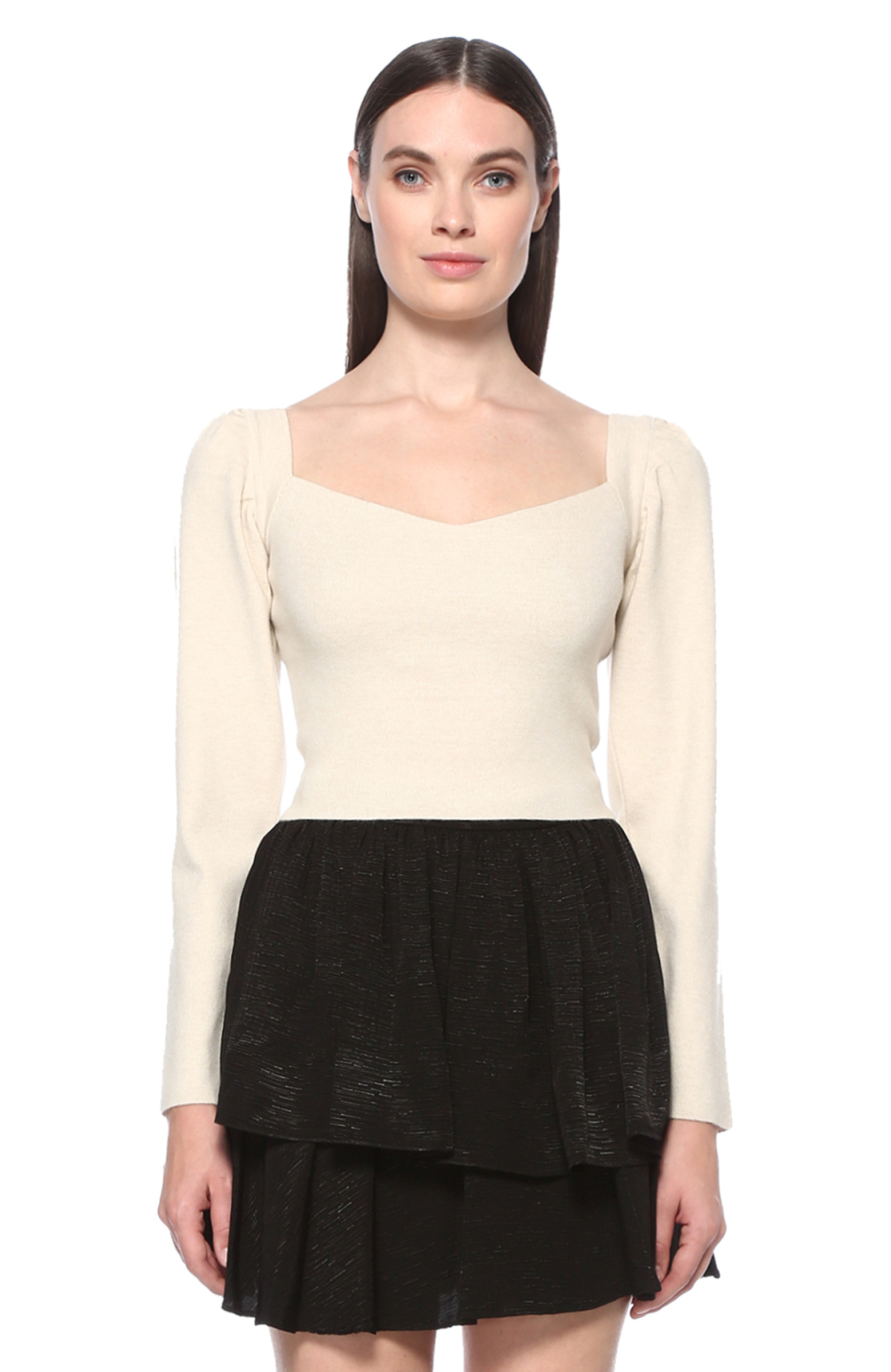 Slim Fit Bej Kol Detaylı Kazak