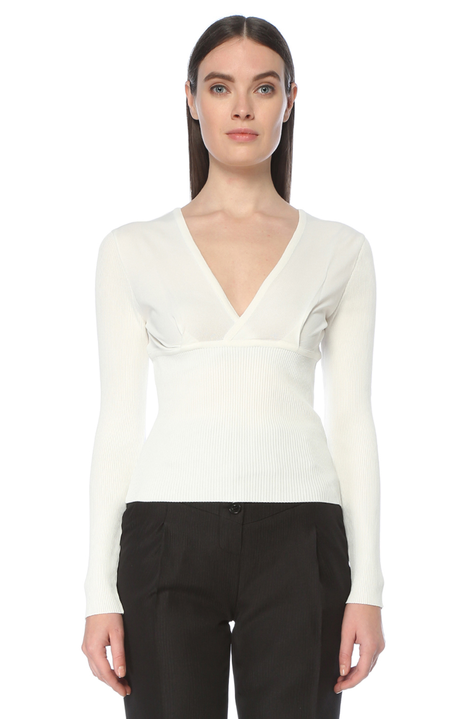 Slim Fit Ekru V Yaka Ribanalı Kazak Slim Fit Ekru V Yaka Ribanalı Kazak